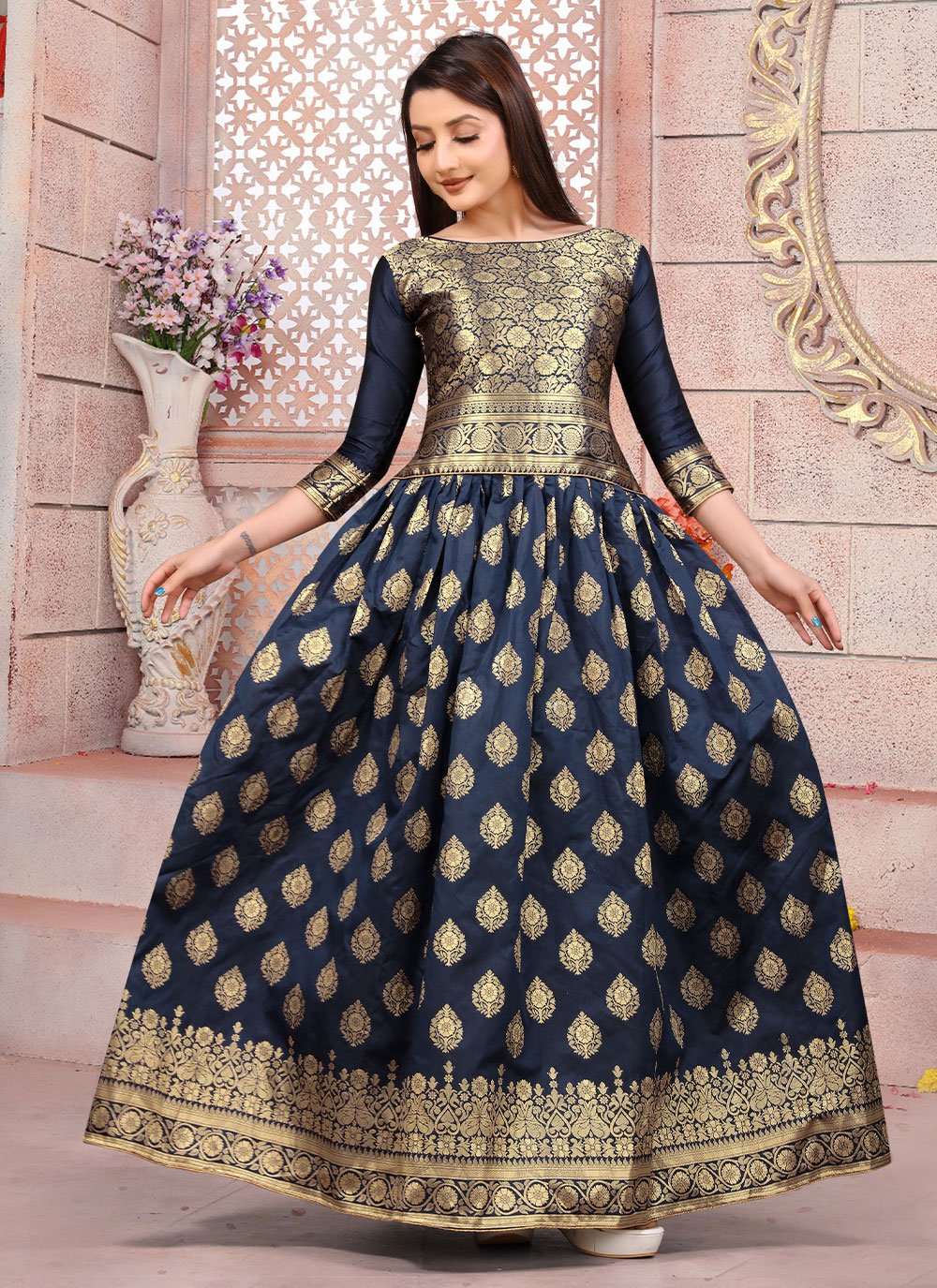 Shop Art Silk Mehndi Designer Gown Online : 251838