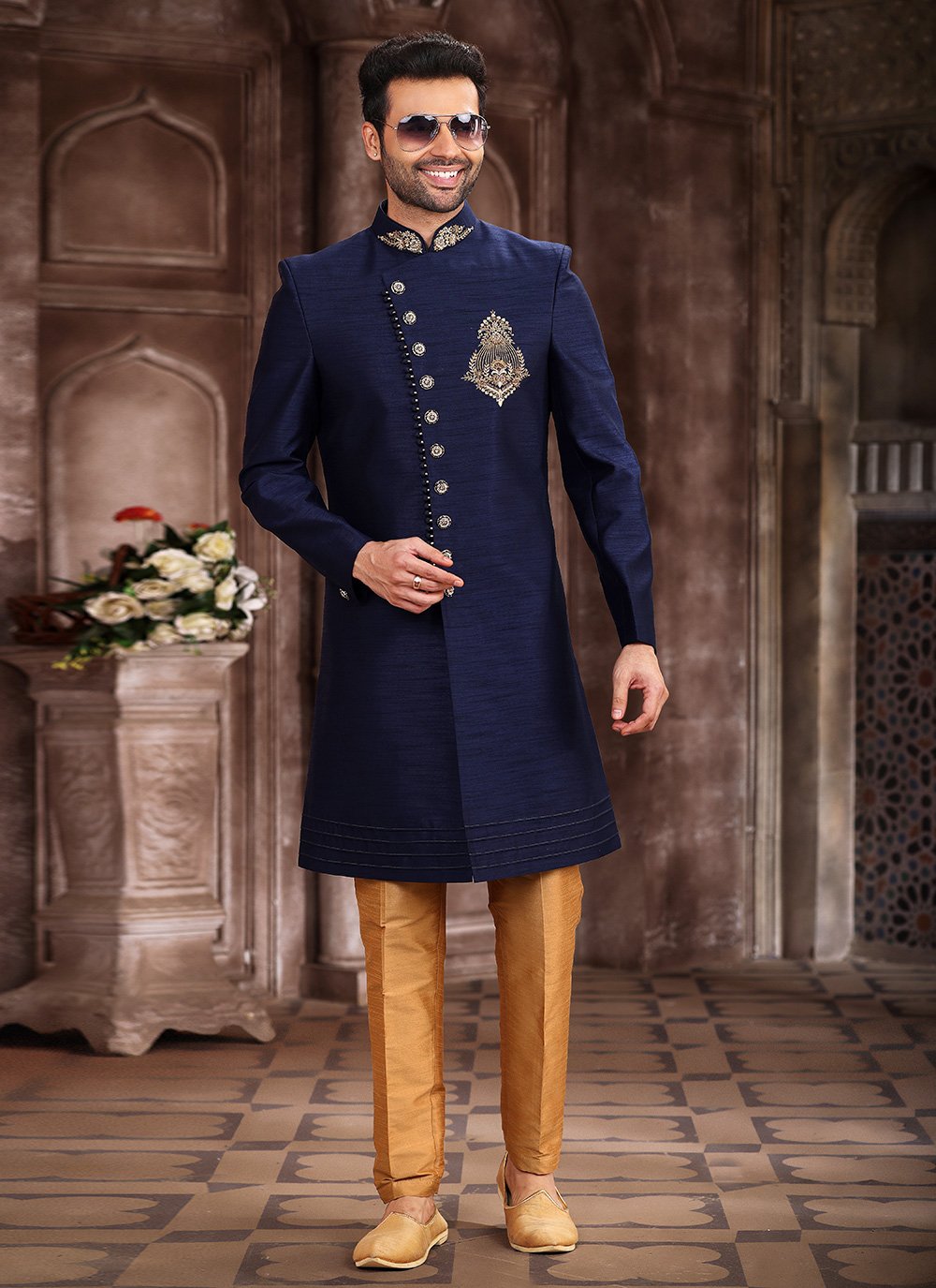 Buy Art Silk Navy Blue Embroidered Indo Western Sherwani : 263024