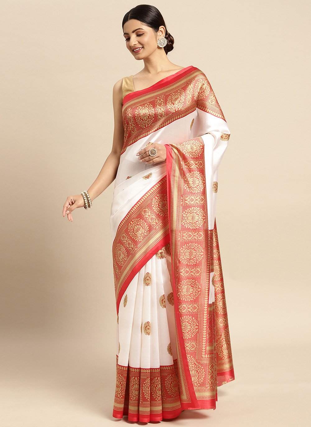 Buy Art Silk Off White and Red Printed Casual Saree Online