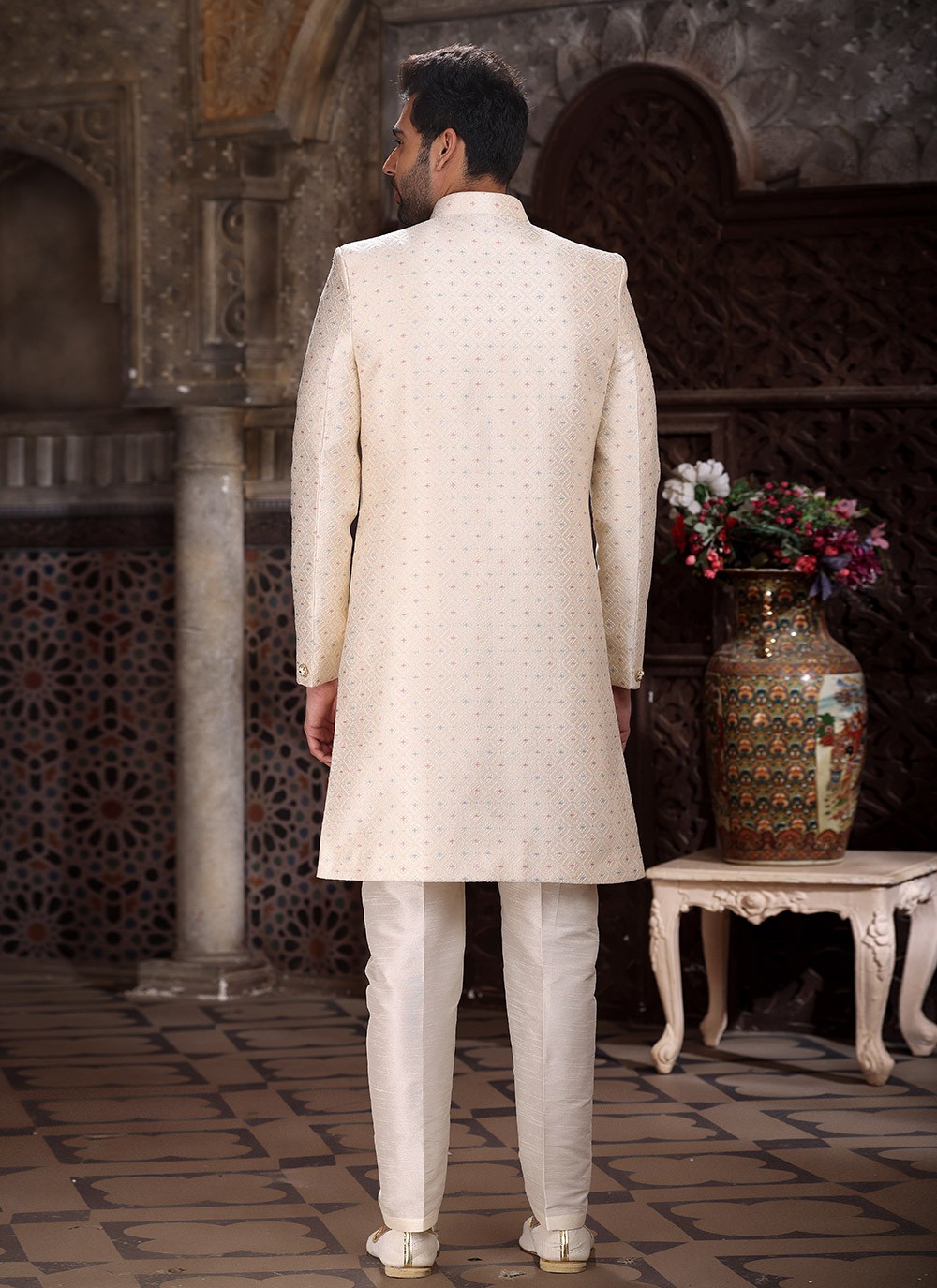 Buy Banarasi Jacquard Fancy Cream Indo Western Online : 259521