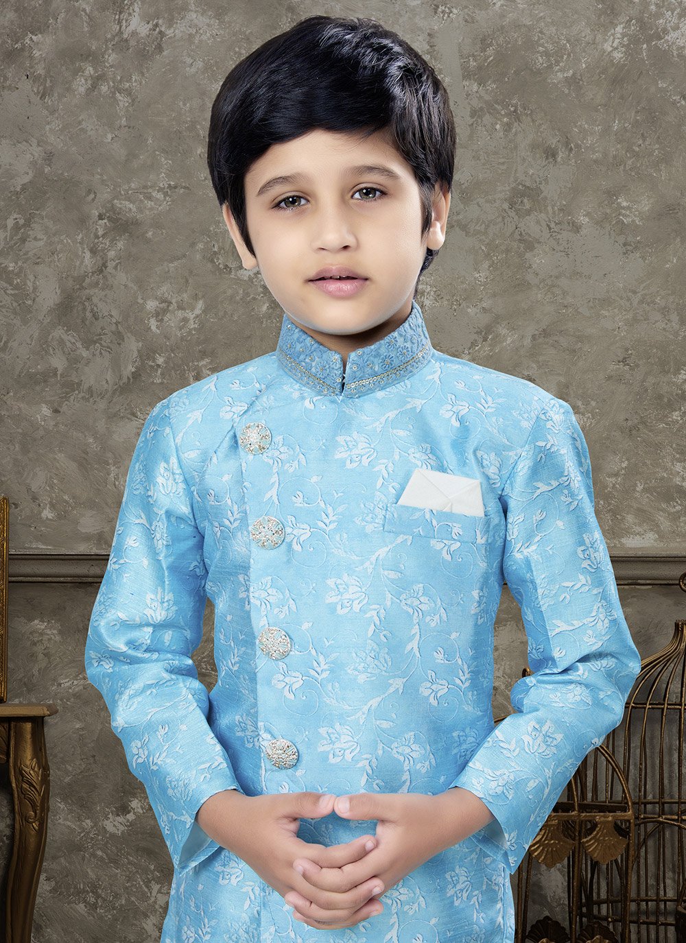 Buy Online Banarasi Silk Firozi Thread Work Indo Western Sherwani ...