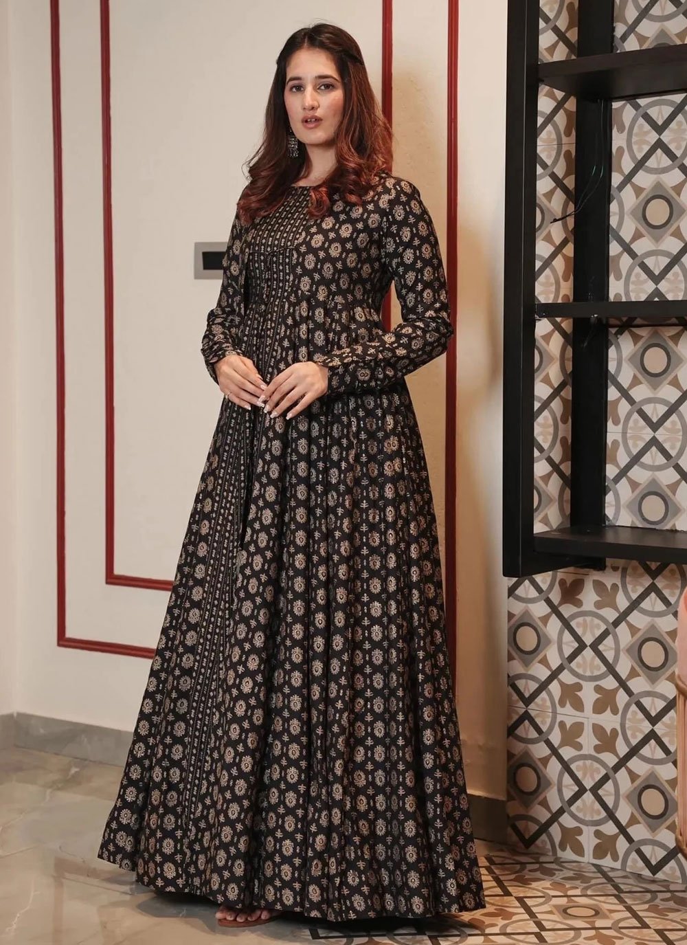 Buy Black Muslin Digital Print Work Designer Gown for Ceremonial Online