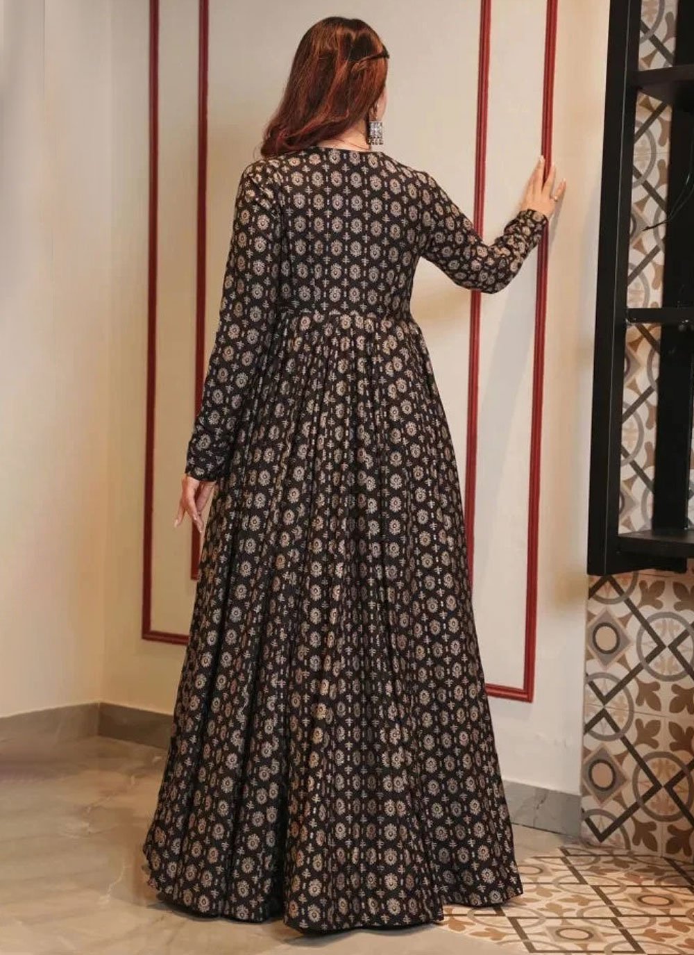Buy Black Muslin Digital Print Work Designer Gown for Ceremonial Online