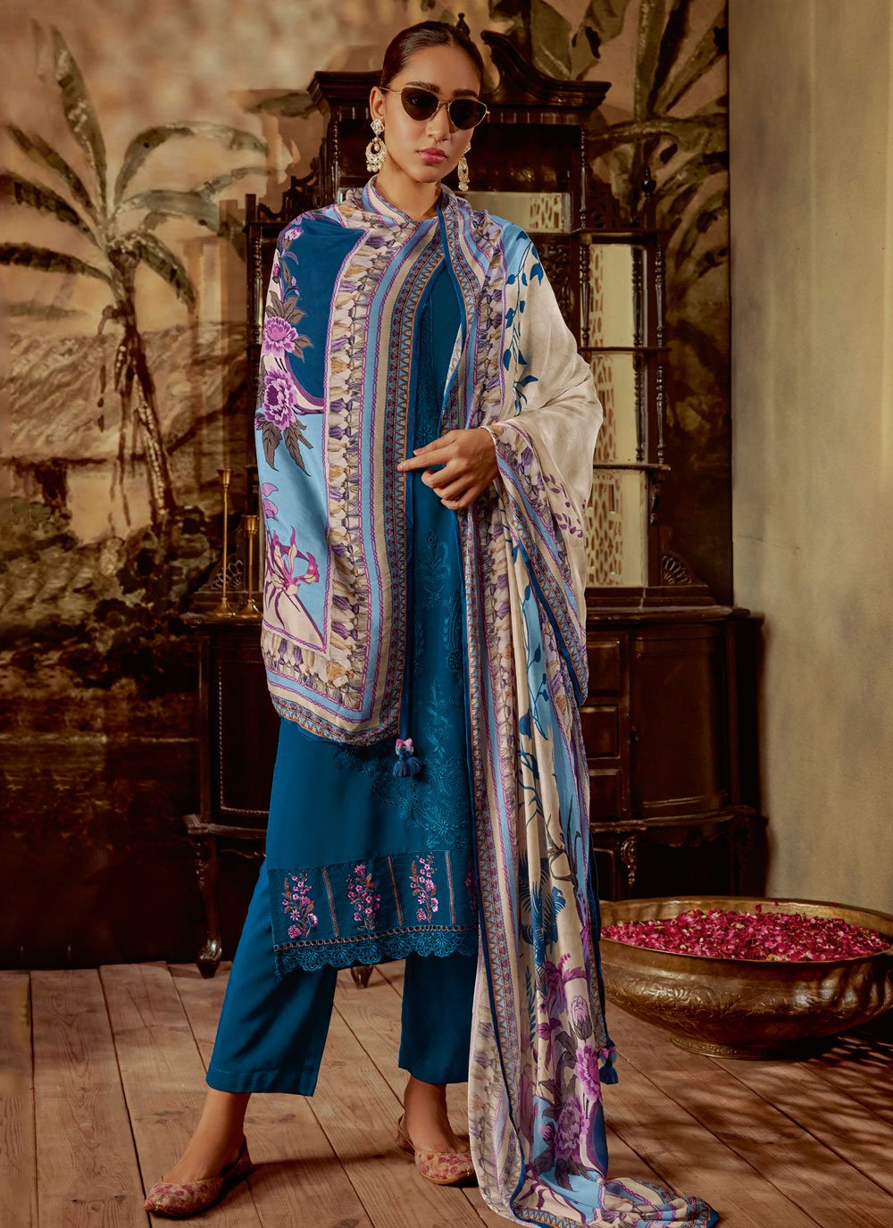 Shop Online Blue Silk Embroidered Work Pant Style Suit : 275515