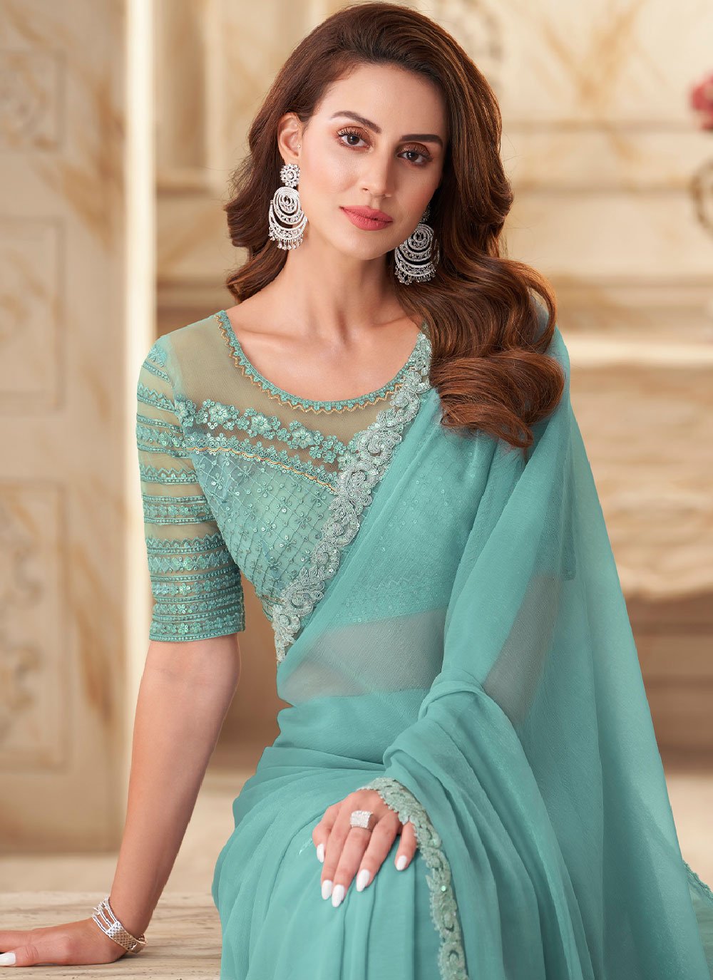 Buy Border Georgette Aqua Blue Designer Saree Online : 252055