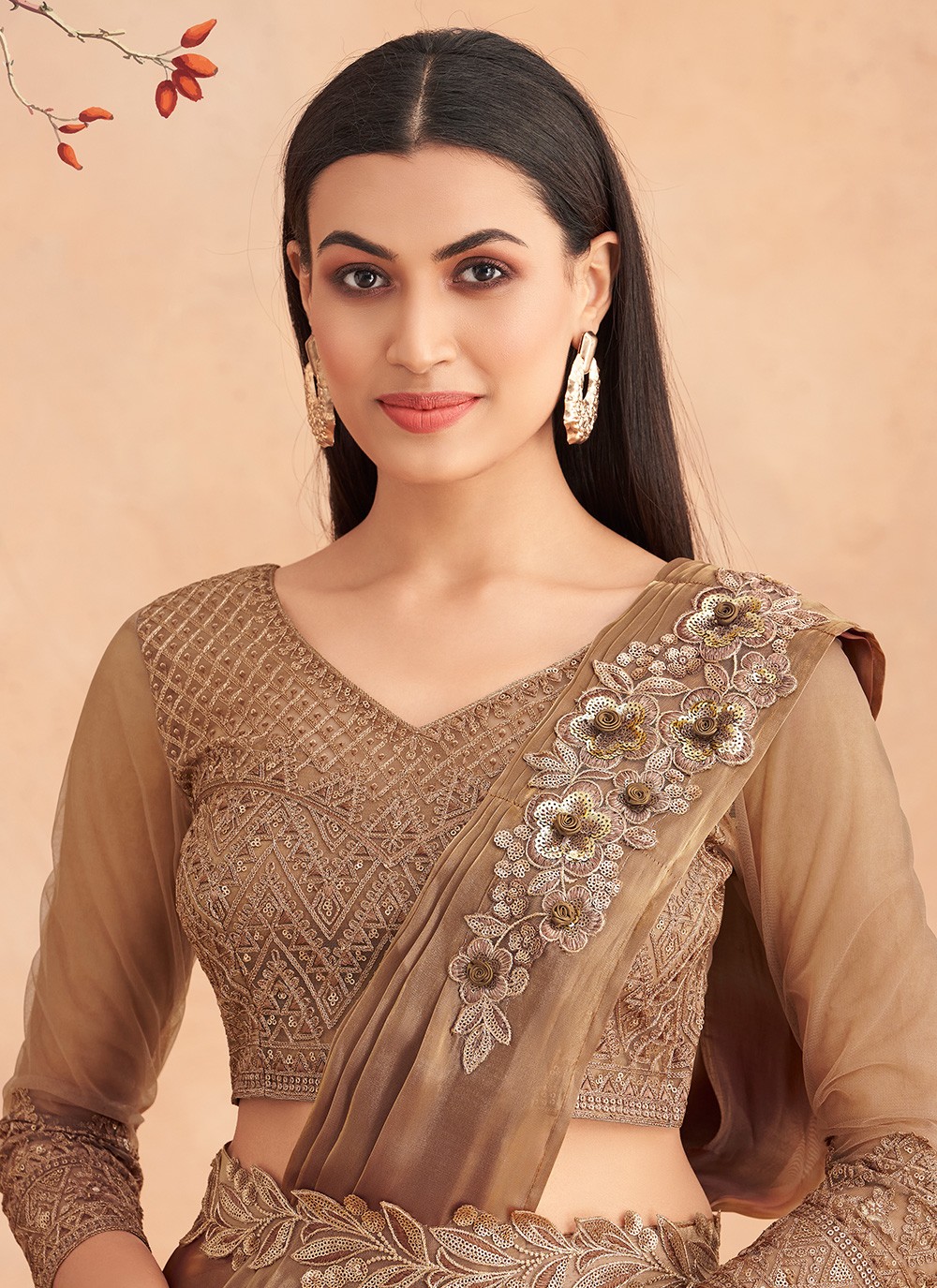 Buy Brown Silk Lehenga Saree : 255507