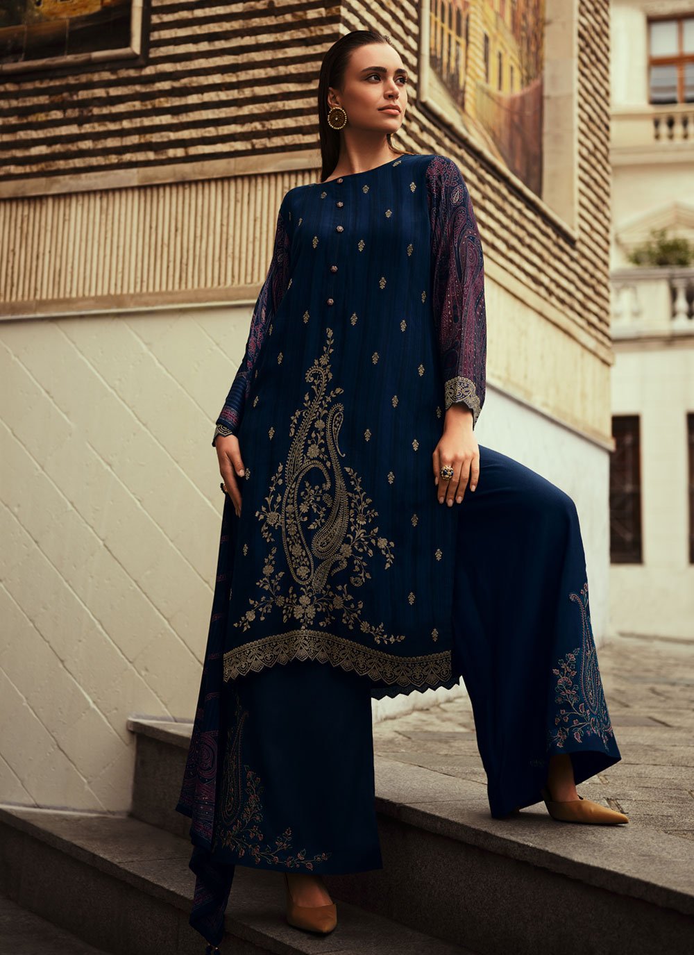 Buy Celestial Blue Silk Trendy Suit with Digital Print Work Online ...
