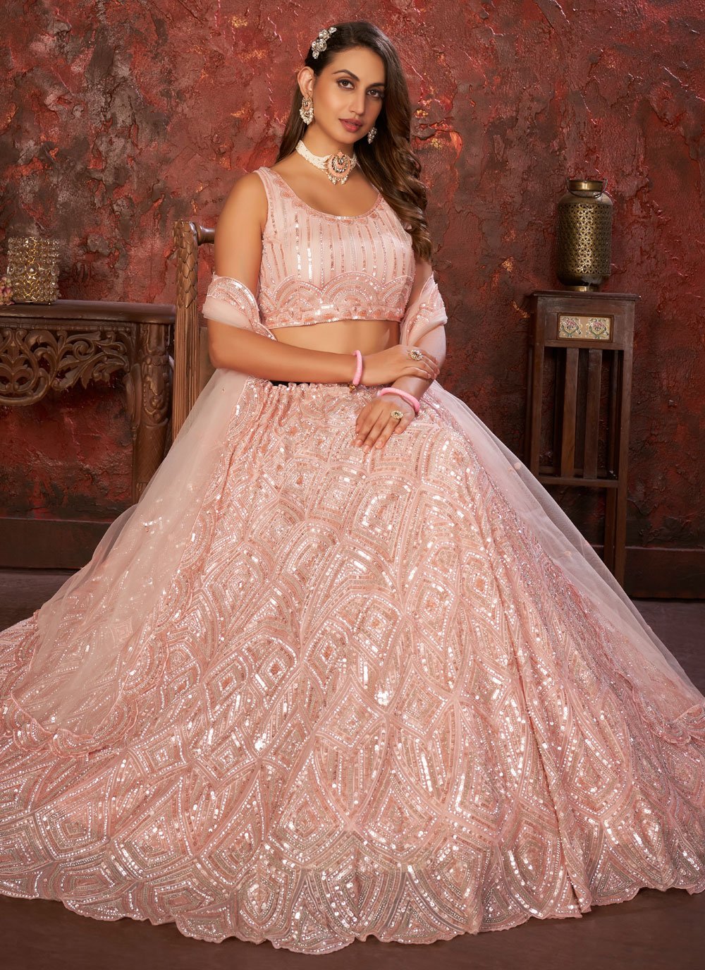 Buy Conspicuous Pink Net Lehenga Choli with Embroidered and Sequins ...