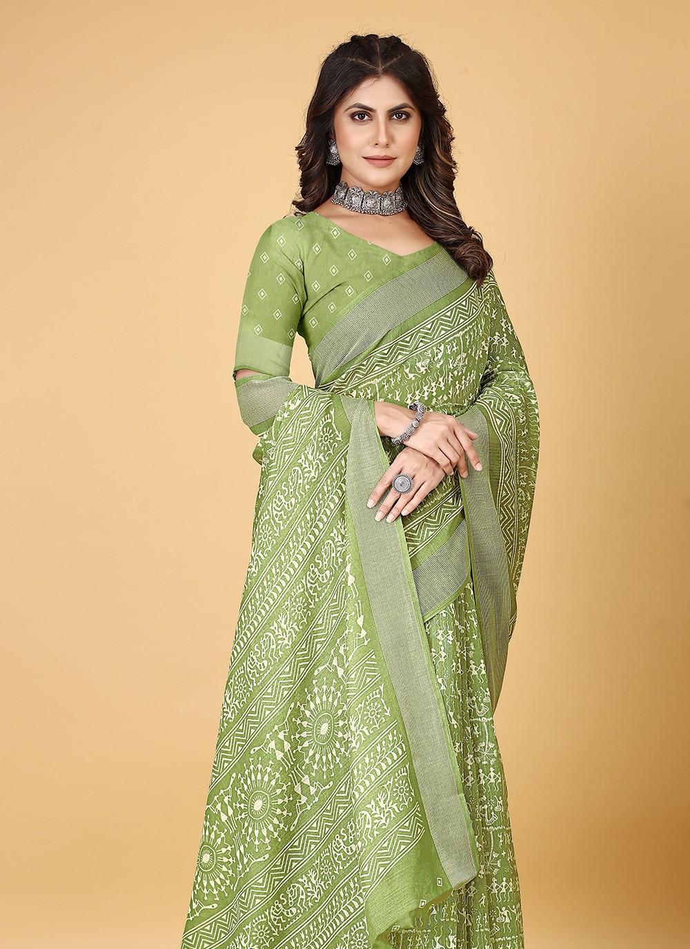 Shop Online Cotton Border Sea Green Saree : 261007
