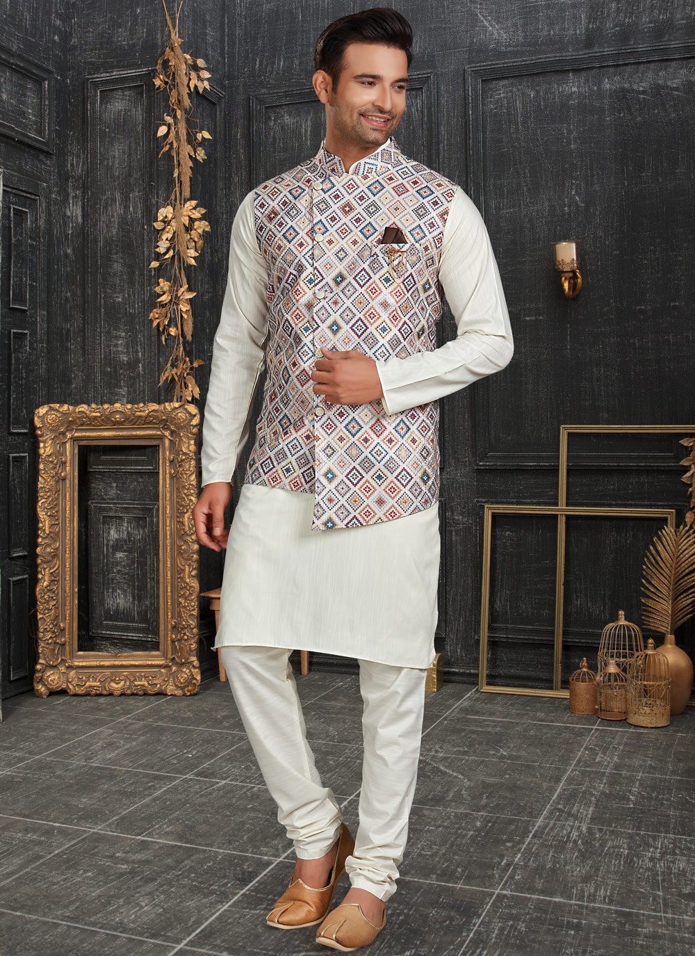 Buy Cotton Kurta Payjama With Jacket in Multi Colour and Off White Online