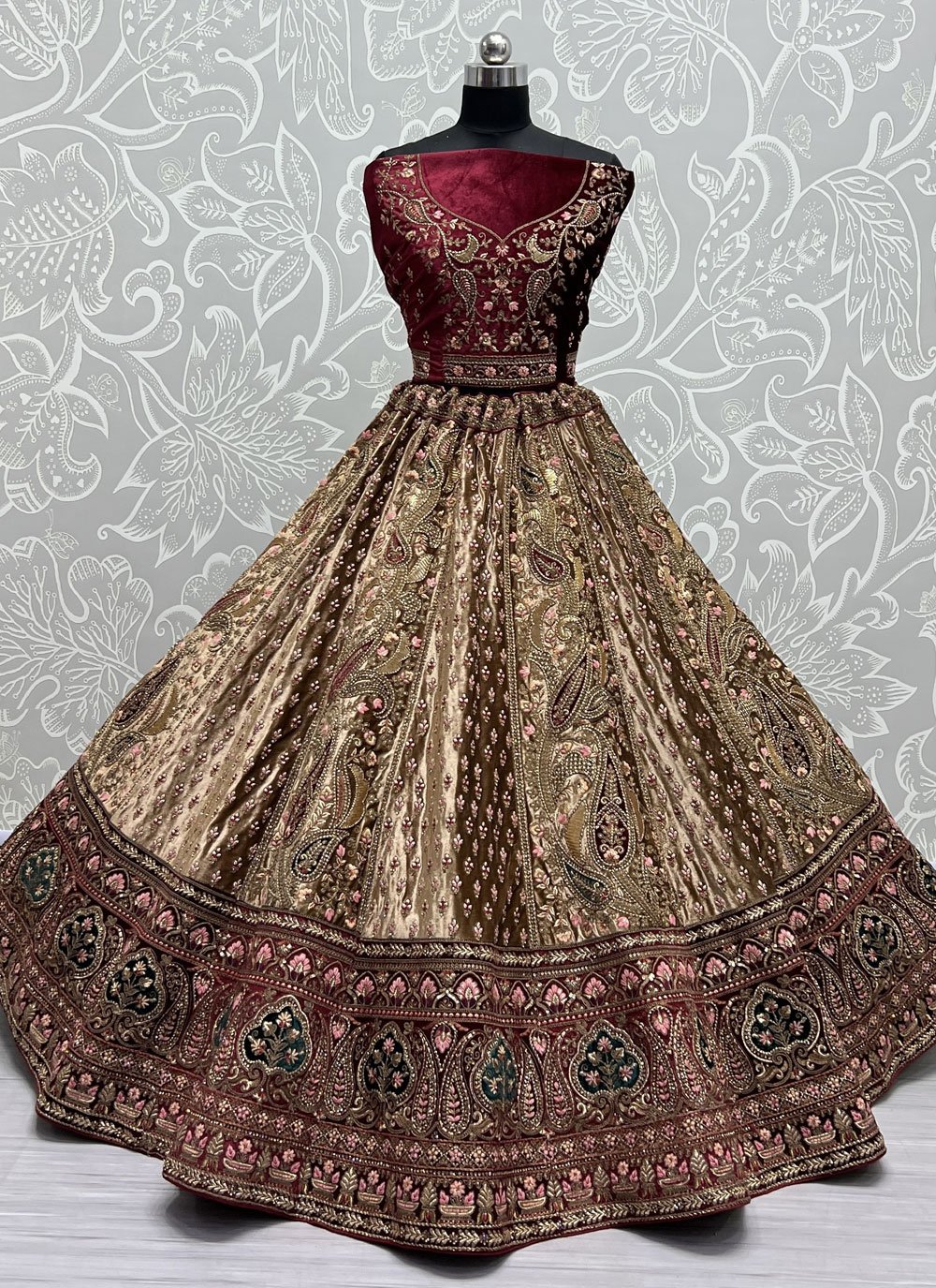 Buy Cream and Maroon Velvet Thread Work Designer Lehenga Choli Online