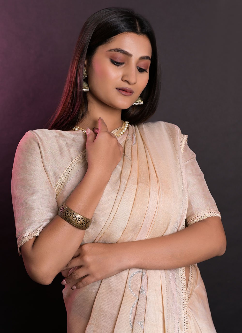 Buy Cream Chiffon Classic Saree Online