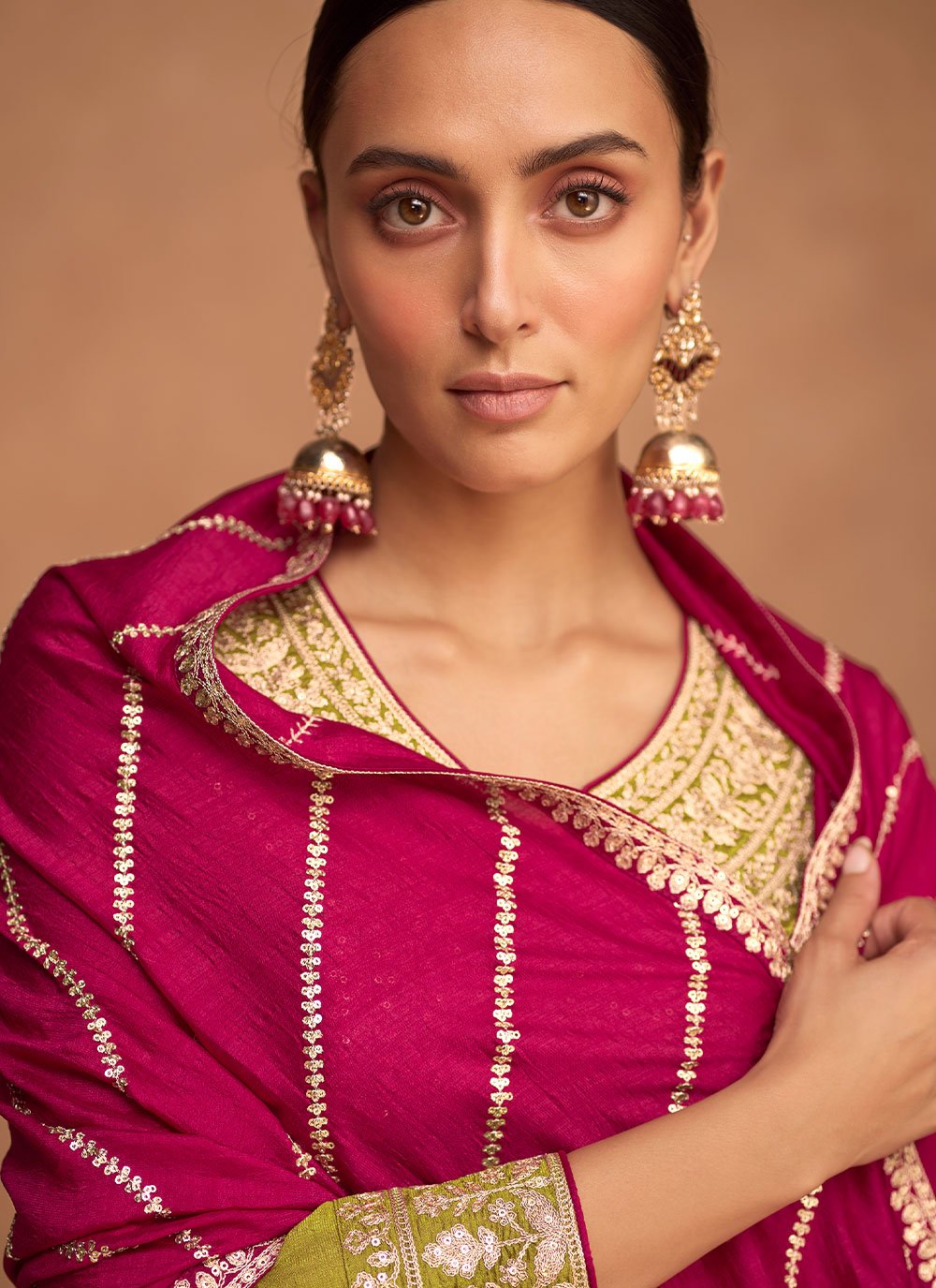 Buy Embroidered Green and Rani Silk Pakistani Salwar Kameez : 249799