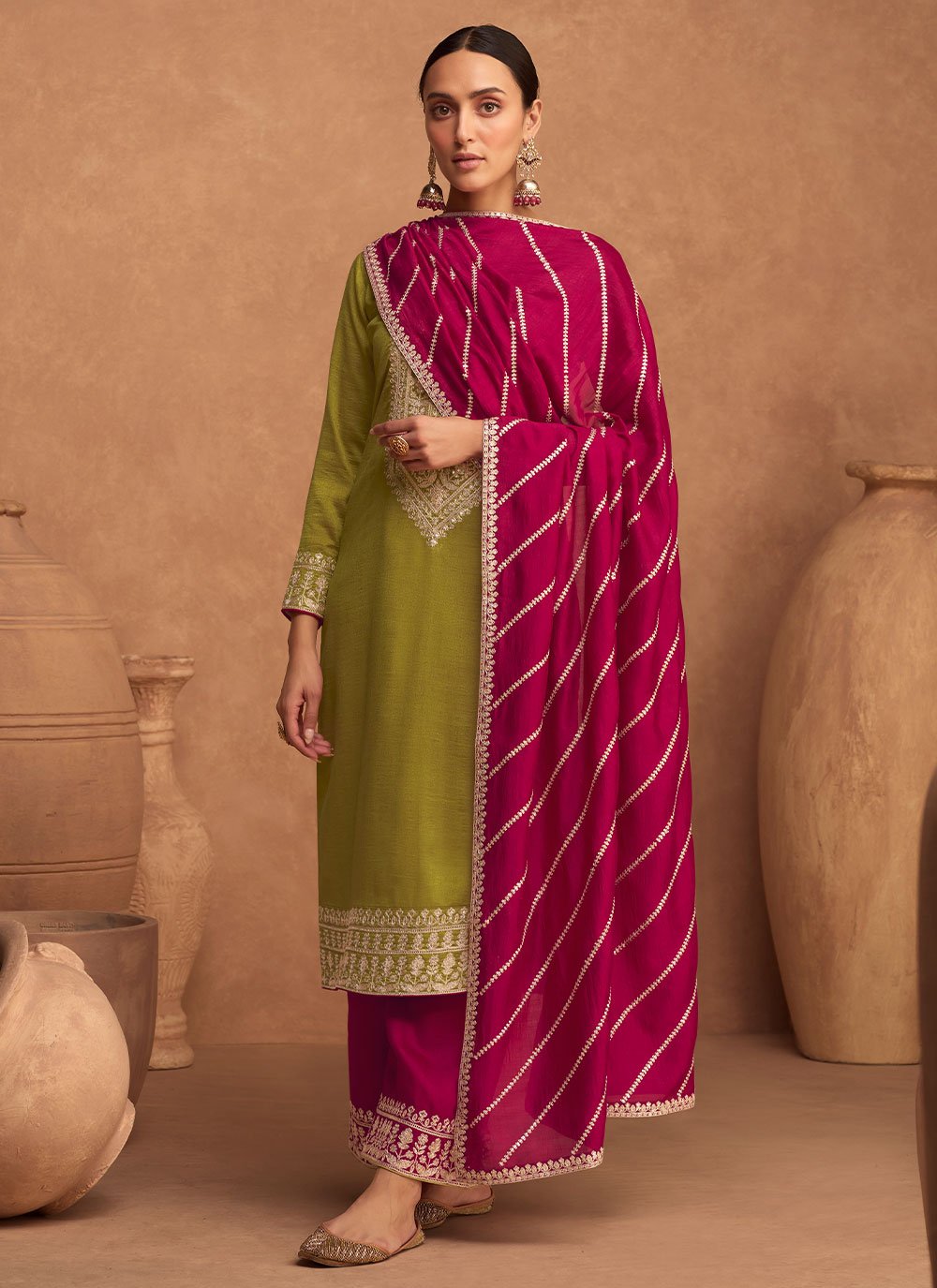 Buy Embroidered Green and Rani Silk Pakistani Salwar Kameez : 249799