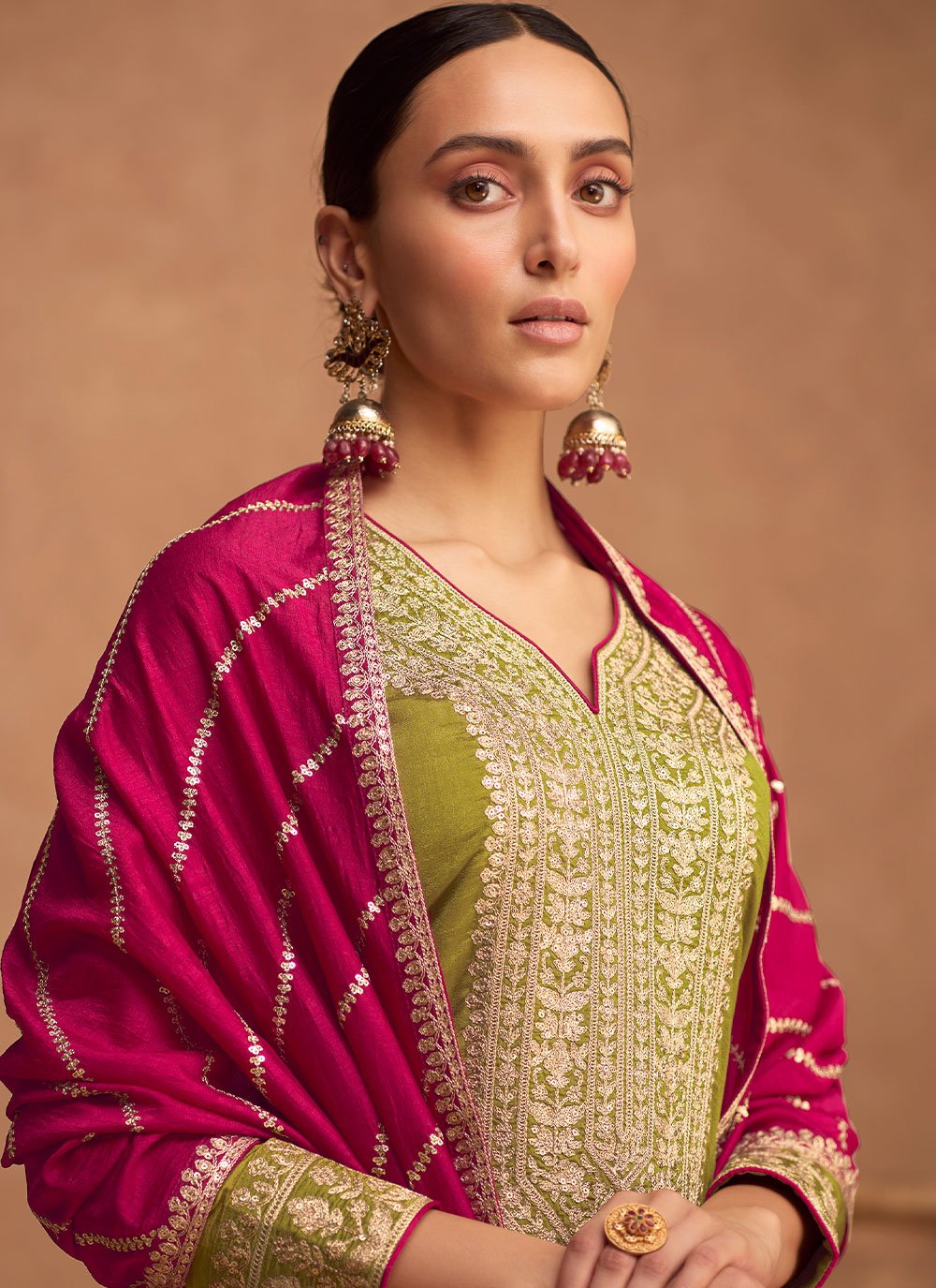 Buy Embroidered Green and Rani Silk Pakistani Salwar Kameez : 249799