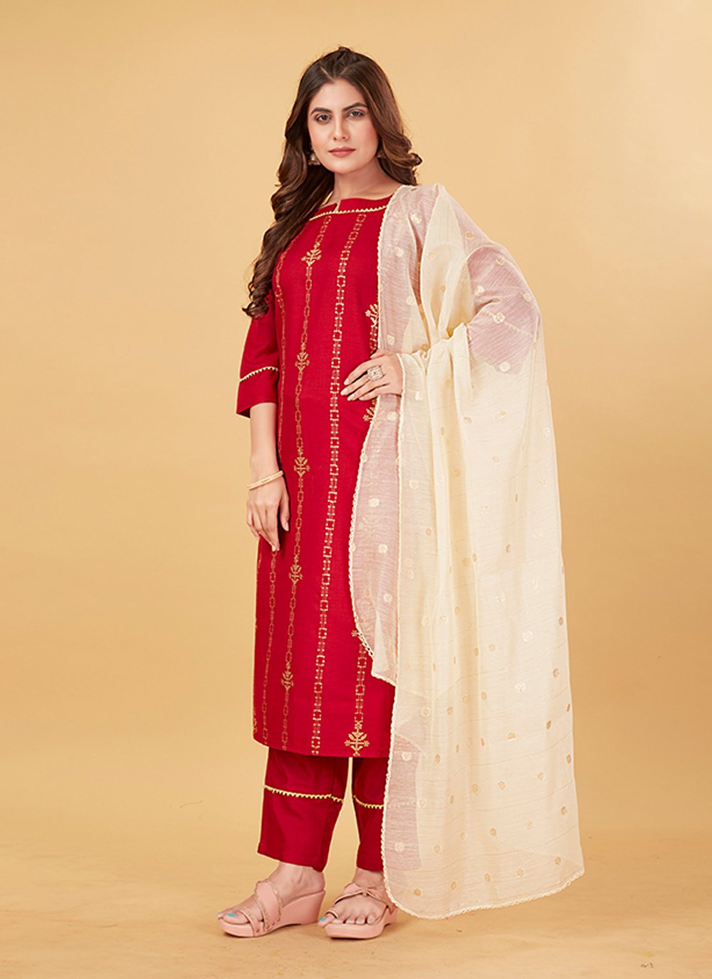 Embroidered Red Readymade Suit buy online
