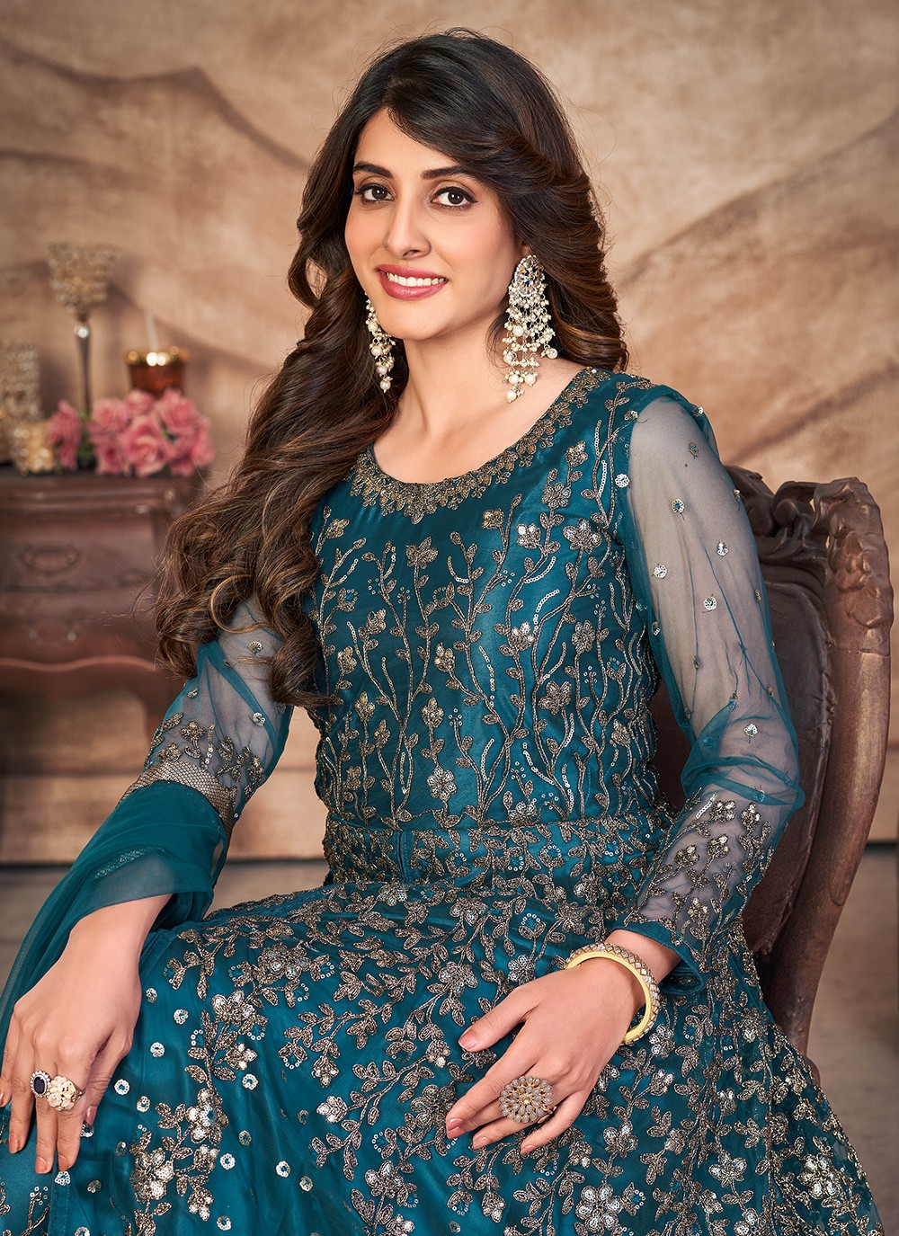Buy Embroidered Teal Net Salwar Kameez Online : 266673