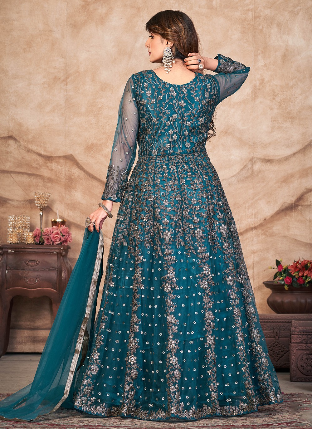 Buy Embroidered Teal Net Salwar Kameez Online : 266673