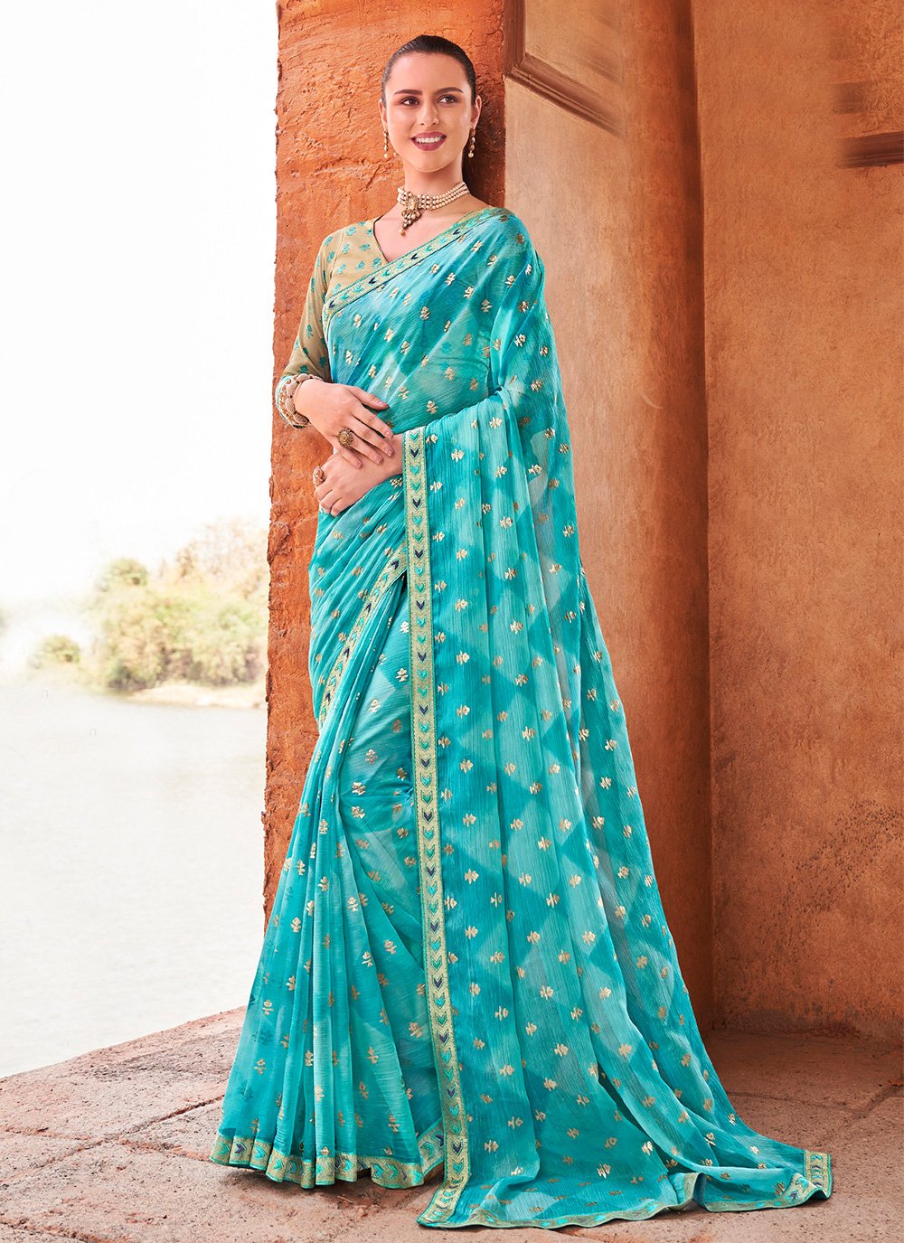 Shop Online Fancy Aqua Blue Chiffon Contemporary Style Saree : 255909