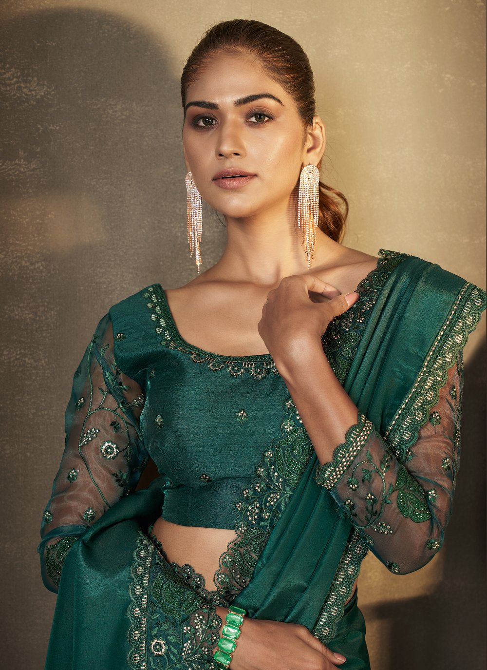 Faux Crepe Embroidered Green Contemporary Saree buy online