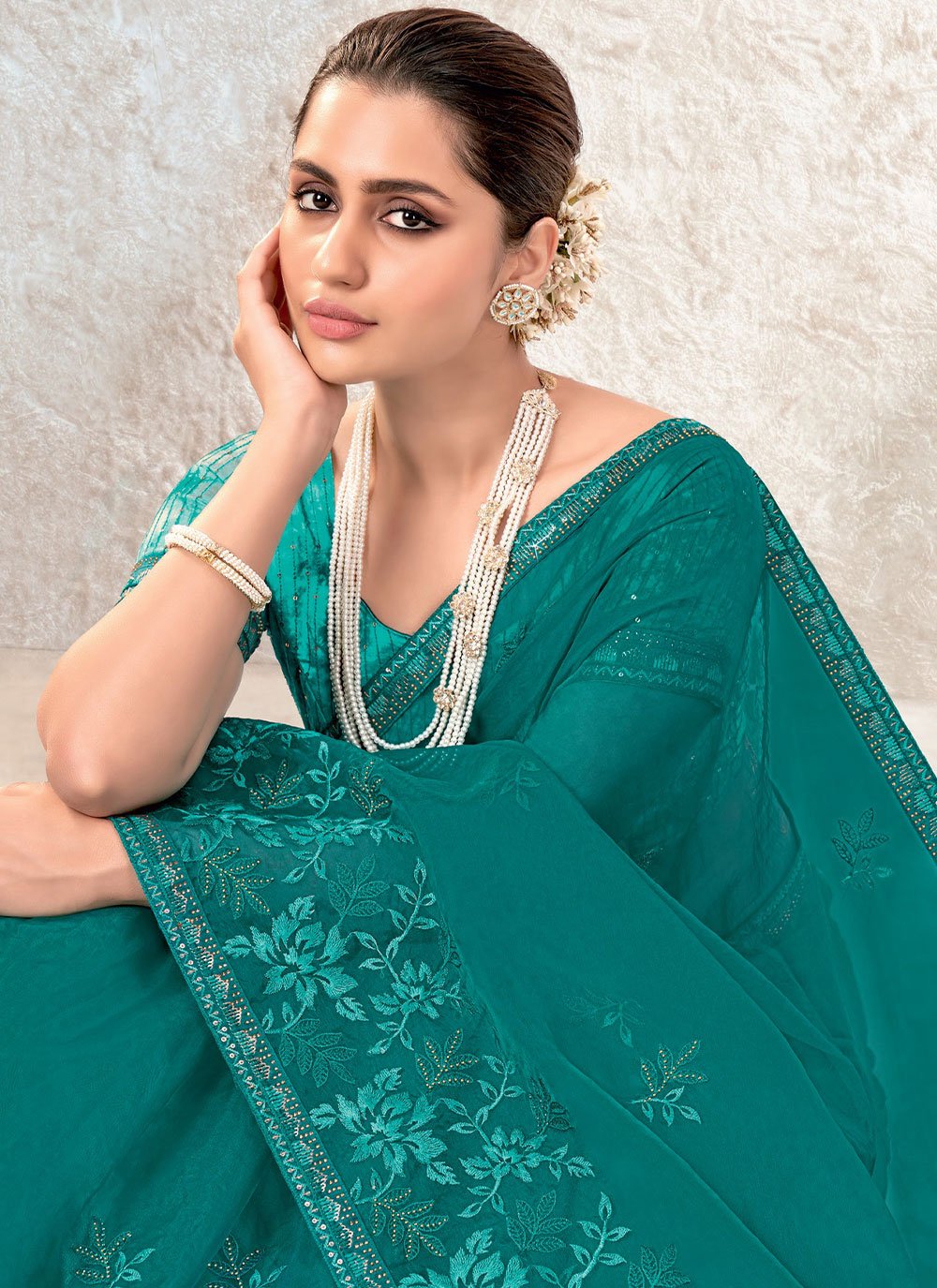 Buy Firozi Printed Organza Contemporary Style Saree Online