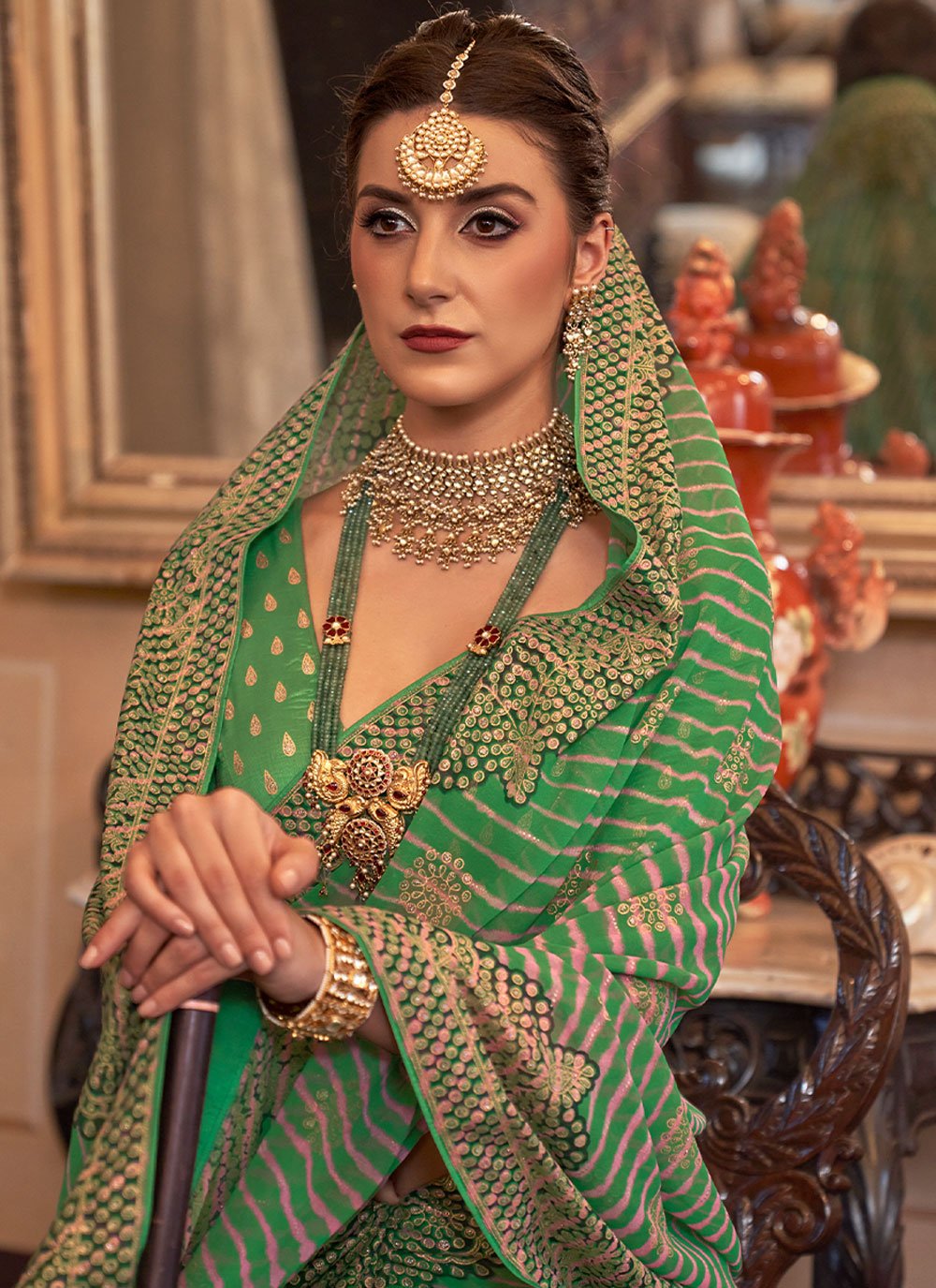 Shop Georgette Green Border Contemporary Style Saree Online : 258061