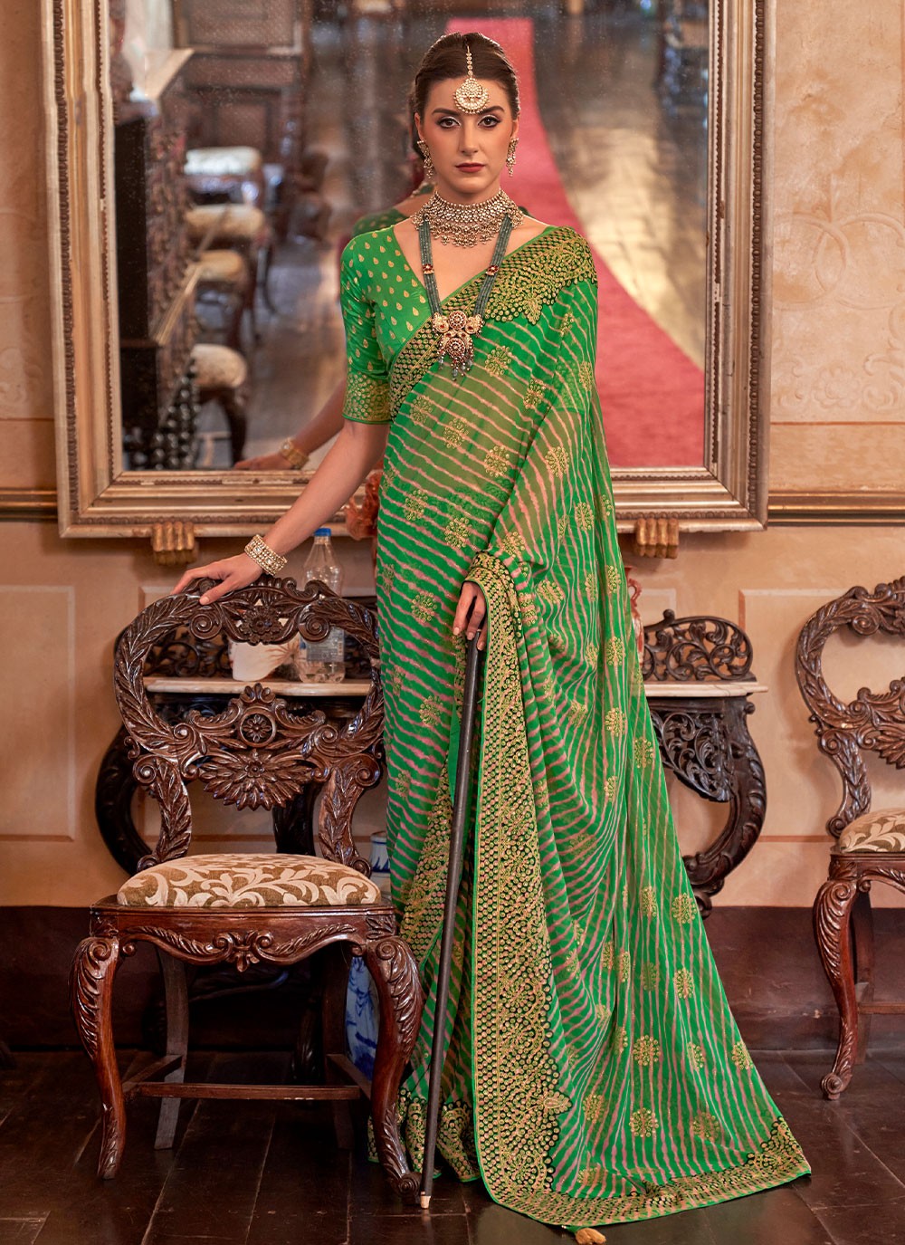 Shop Georgette Green Border Contemporary Style Saree Online : 258061