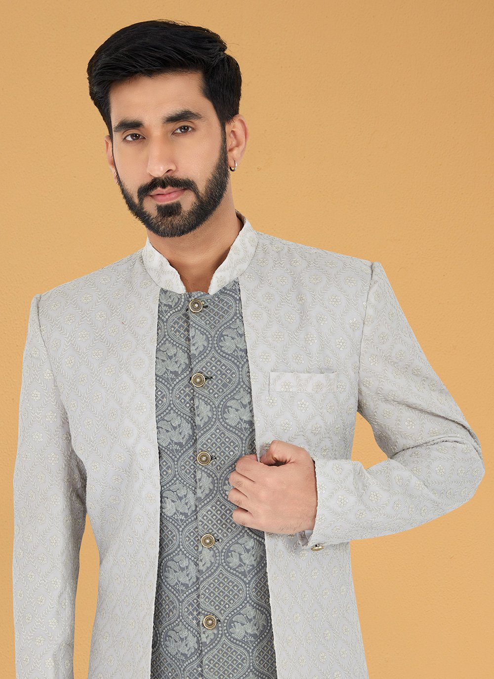 Buy Georgette Grey and Silver Indo Western Online