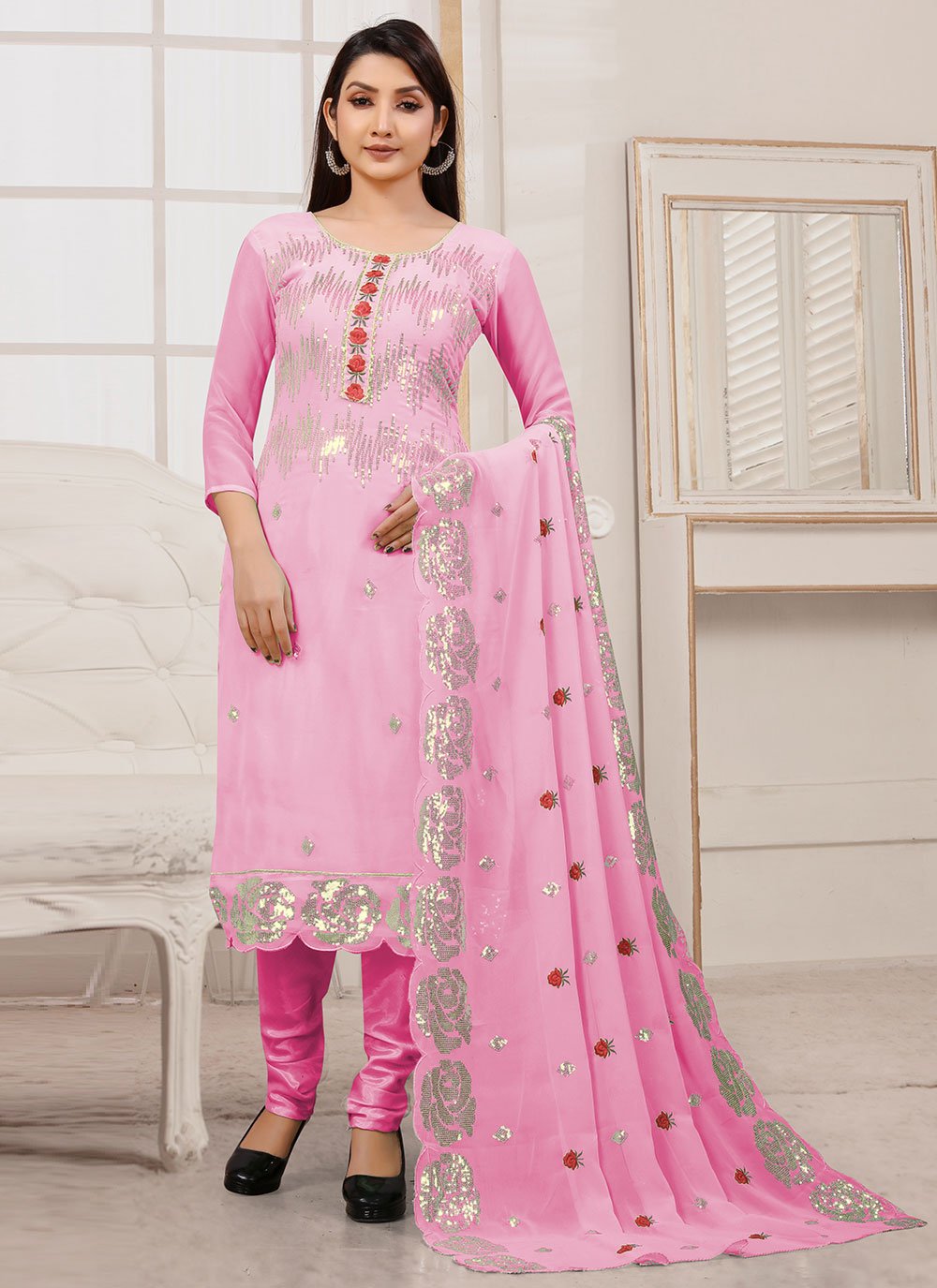 Buy Georgette Pink Embroidered Salwar Kameez : 249901