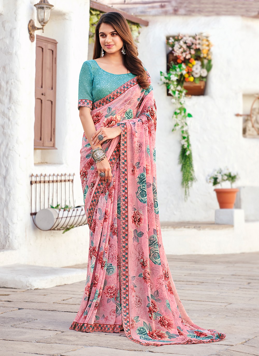 Buy Georgette Rose Pink Saree Online