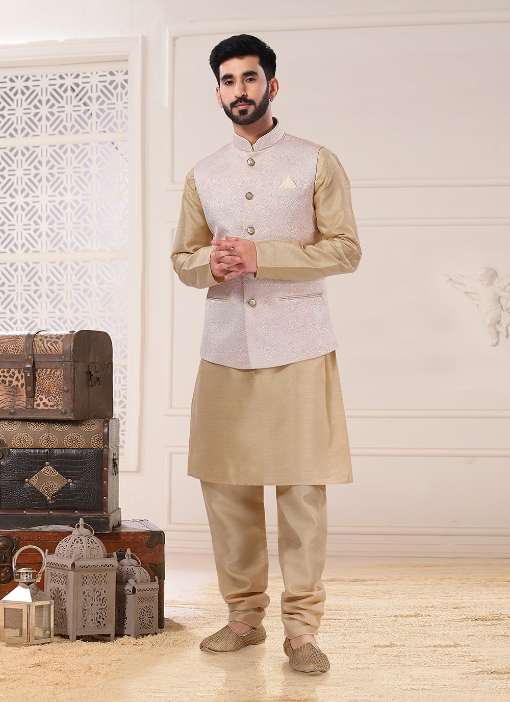 Buy Gold Color Kurta Payjama With Jacket : 249424
