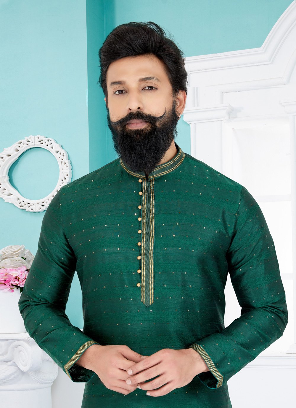 Shop Online Green Mehndi Cotton Kurta Pyjama : 251594