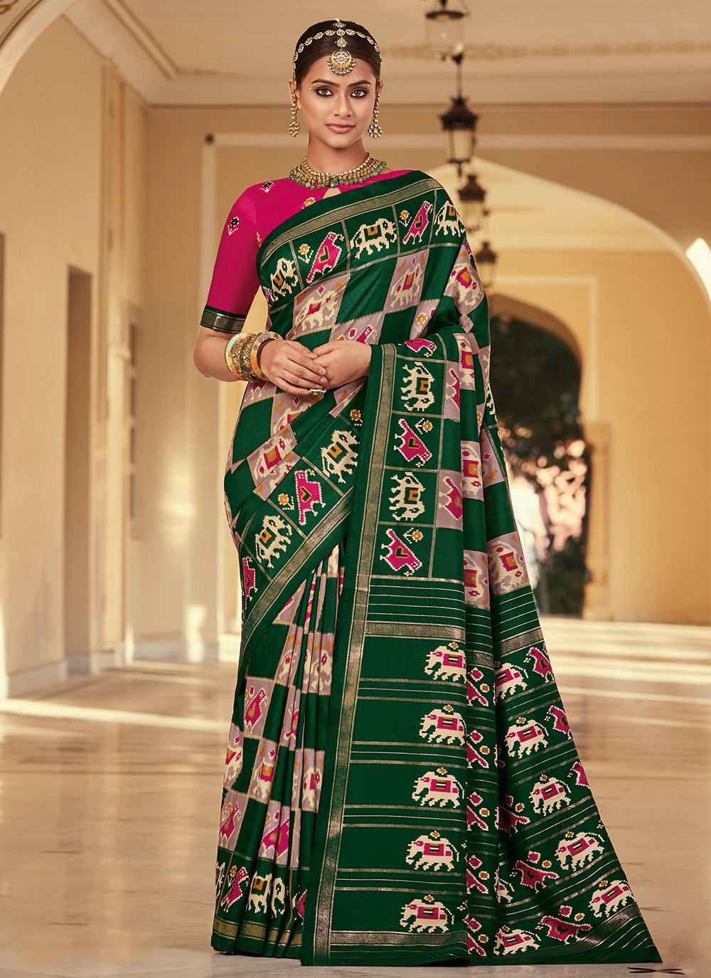 Shop Green Patola Print Mehndi Classic Saree Online : 251465