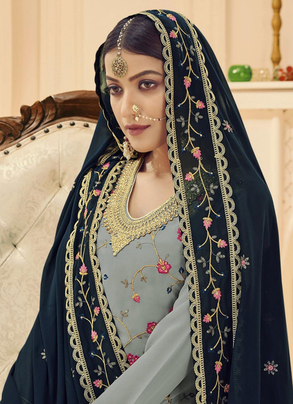 Shop Grey Georgette Churidar Salwar Kameez Online : 244969
