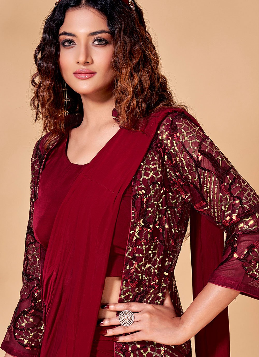Buy Imported Maroon Sequins Trendy Saree Online