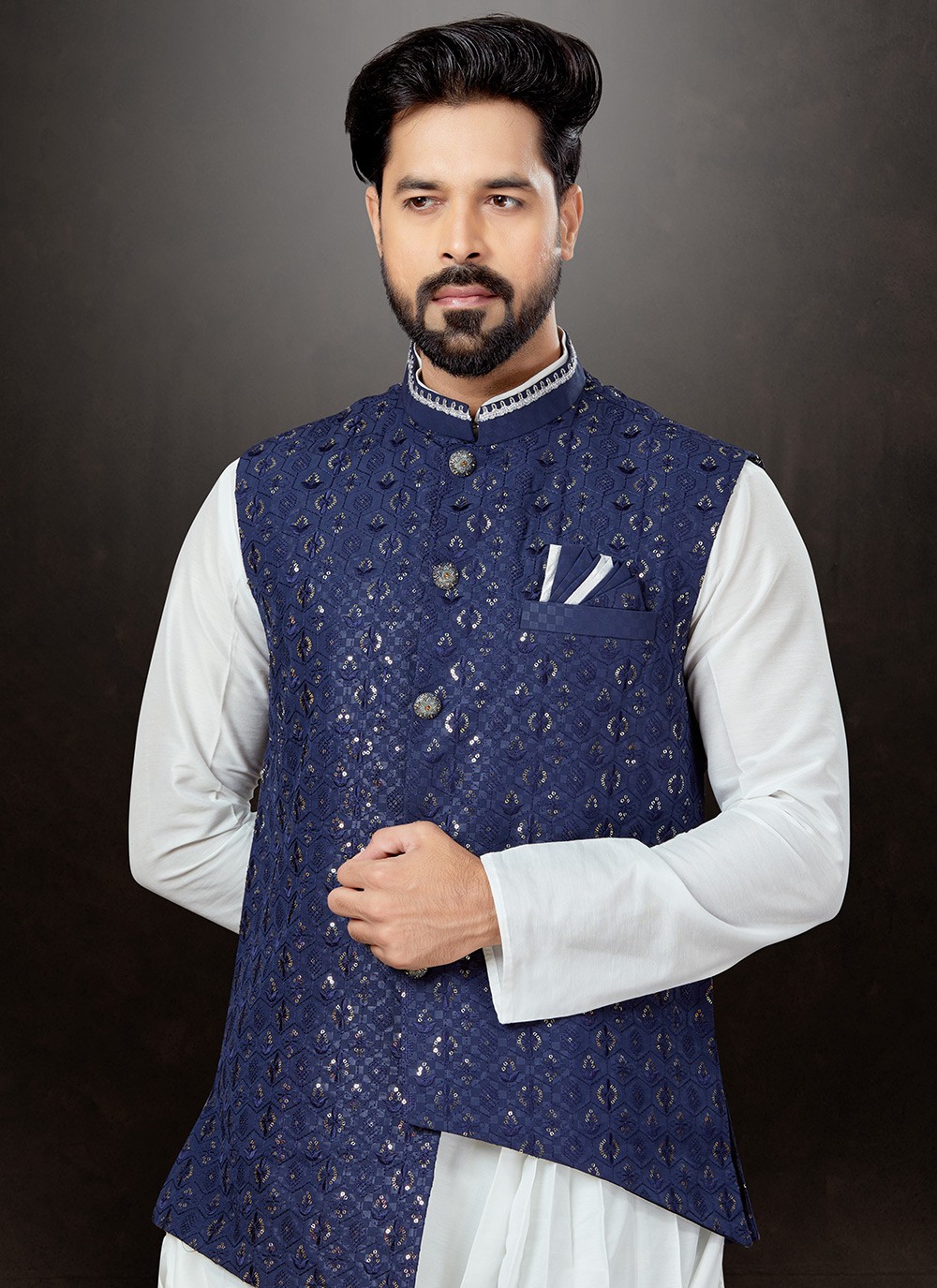 Jacquard Blue and Off White Embroidered Kurta Payjama With Jacket buy ...