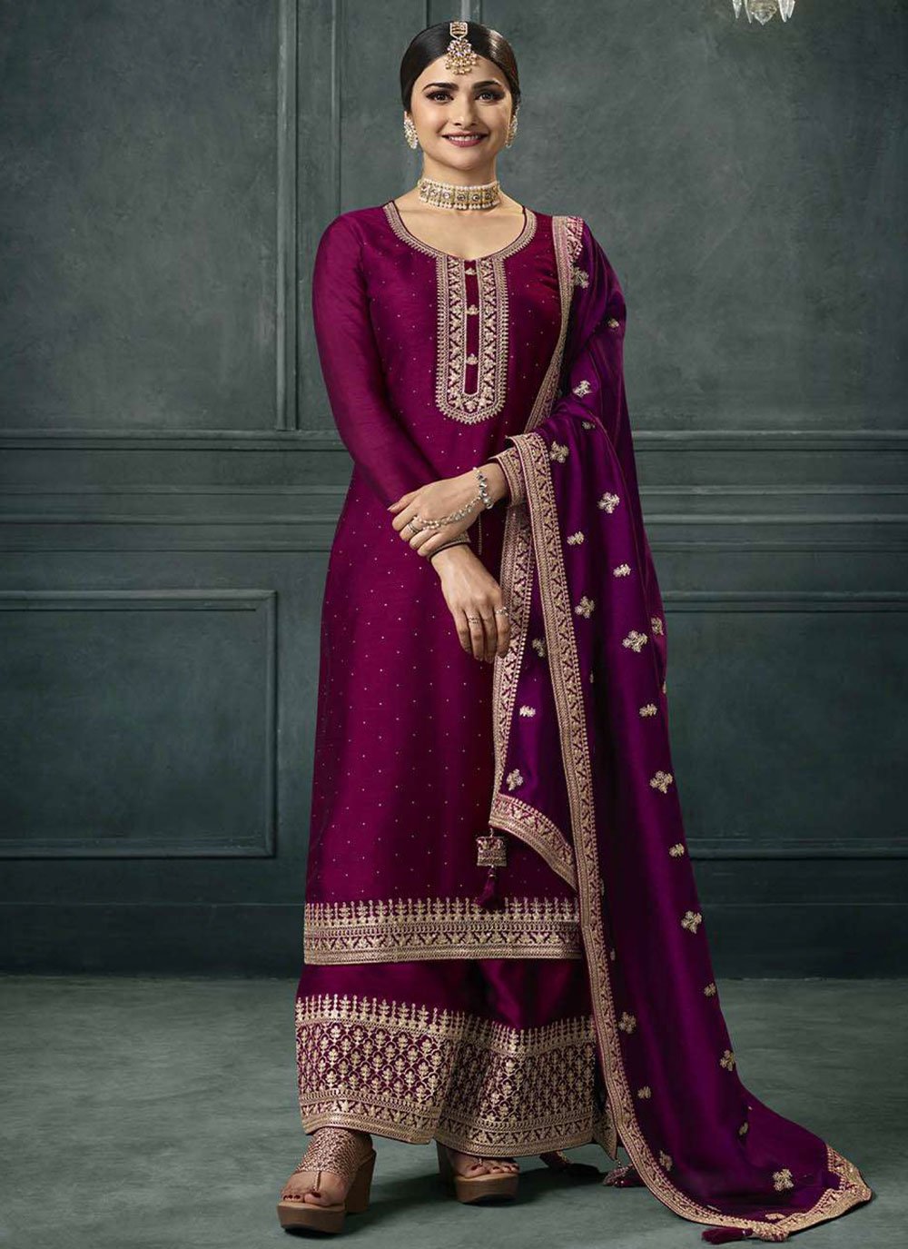 Buy Magenta Georgette Sangeet Palazzo Salwar Kameez Online : 253031