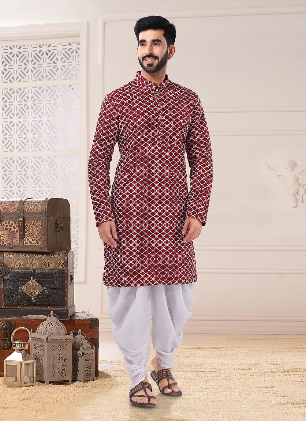 Buy Maroon Color Dhoti Kurta Online : 249416