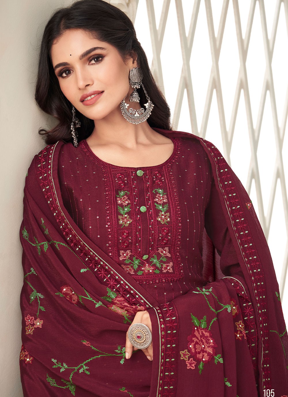 Shop Online Maroon Thread Straight Salwar Suit : 257042