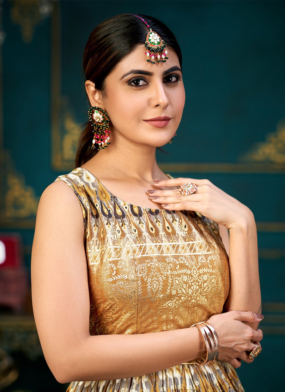 Multi Colour Foil Print Silk Readymade Gown buy online