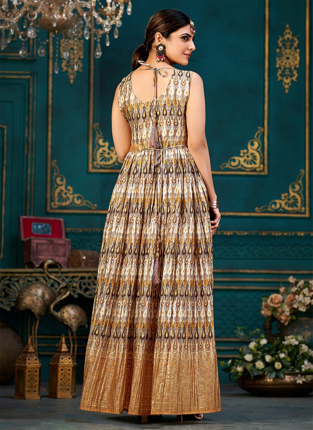 Multi Colour Foil Print Silk Readymade Gown buy online