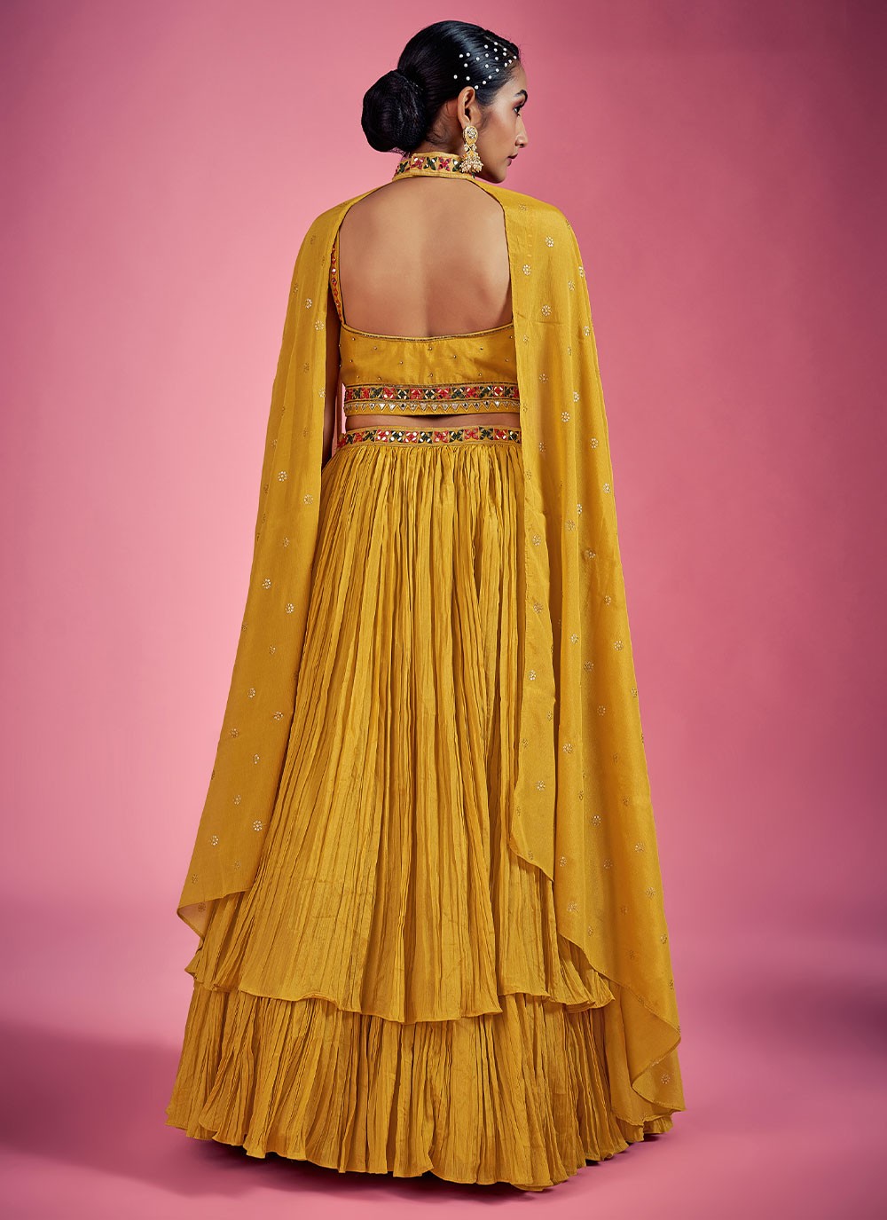 Buy Mustard Party Chinon Long Choli Lehenga Online : 255032