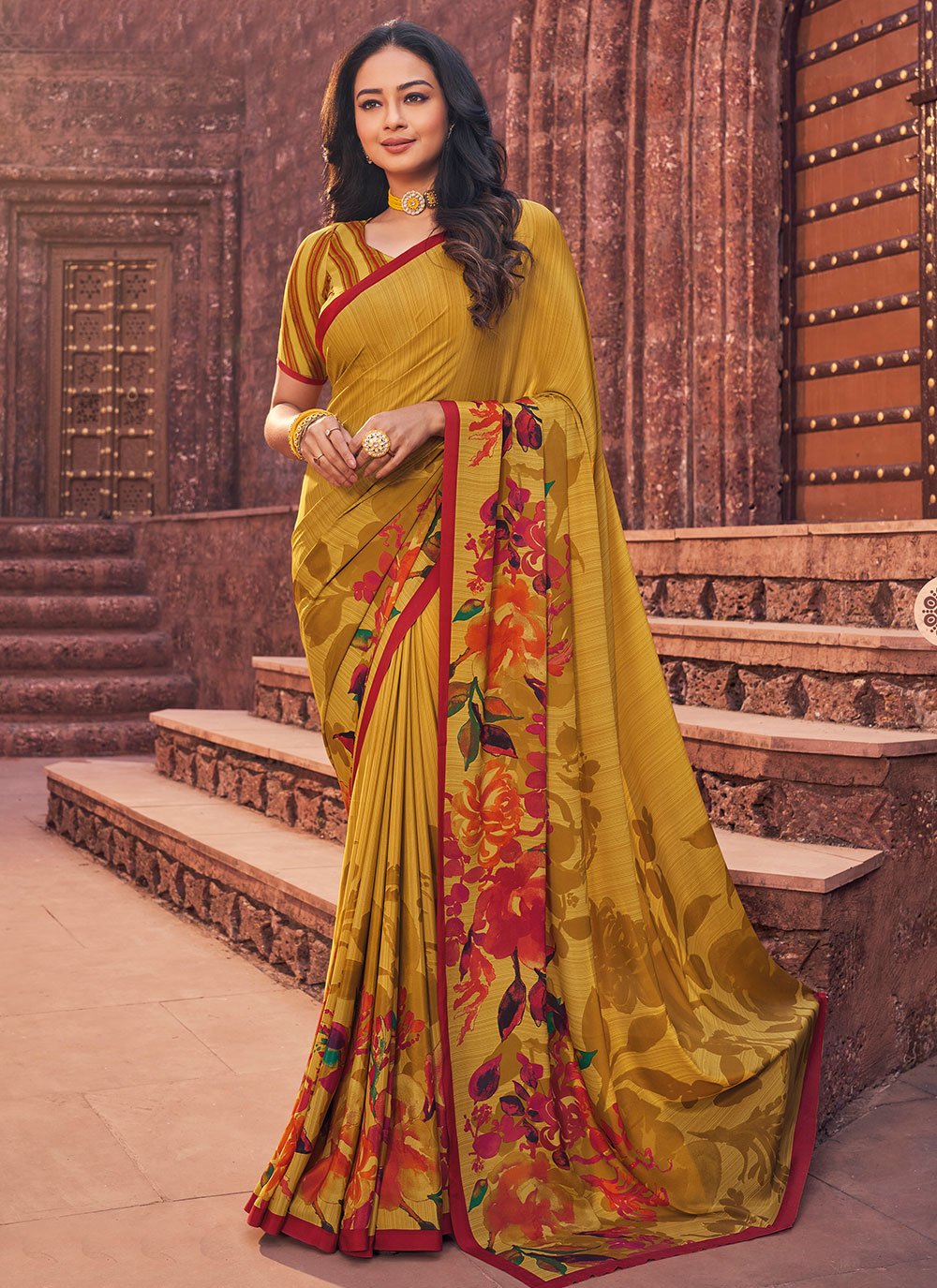 Buy Online Mustard Printed Faux Crepe Trendy Saree : 248924