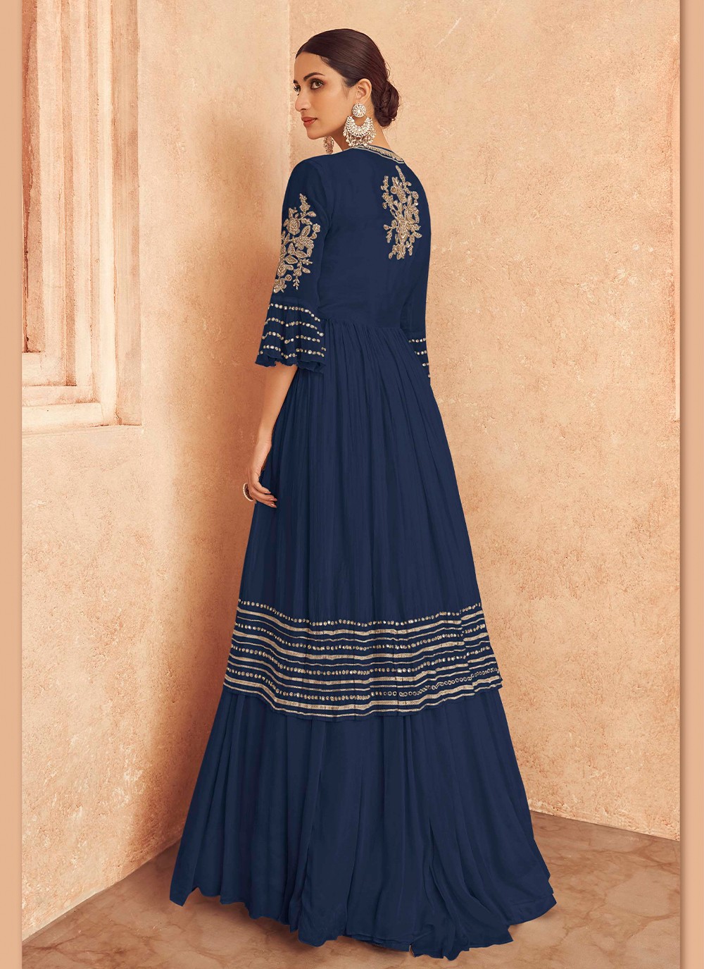 Buy Online Navy Blue Embroidered Designer Gown : 261276