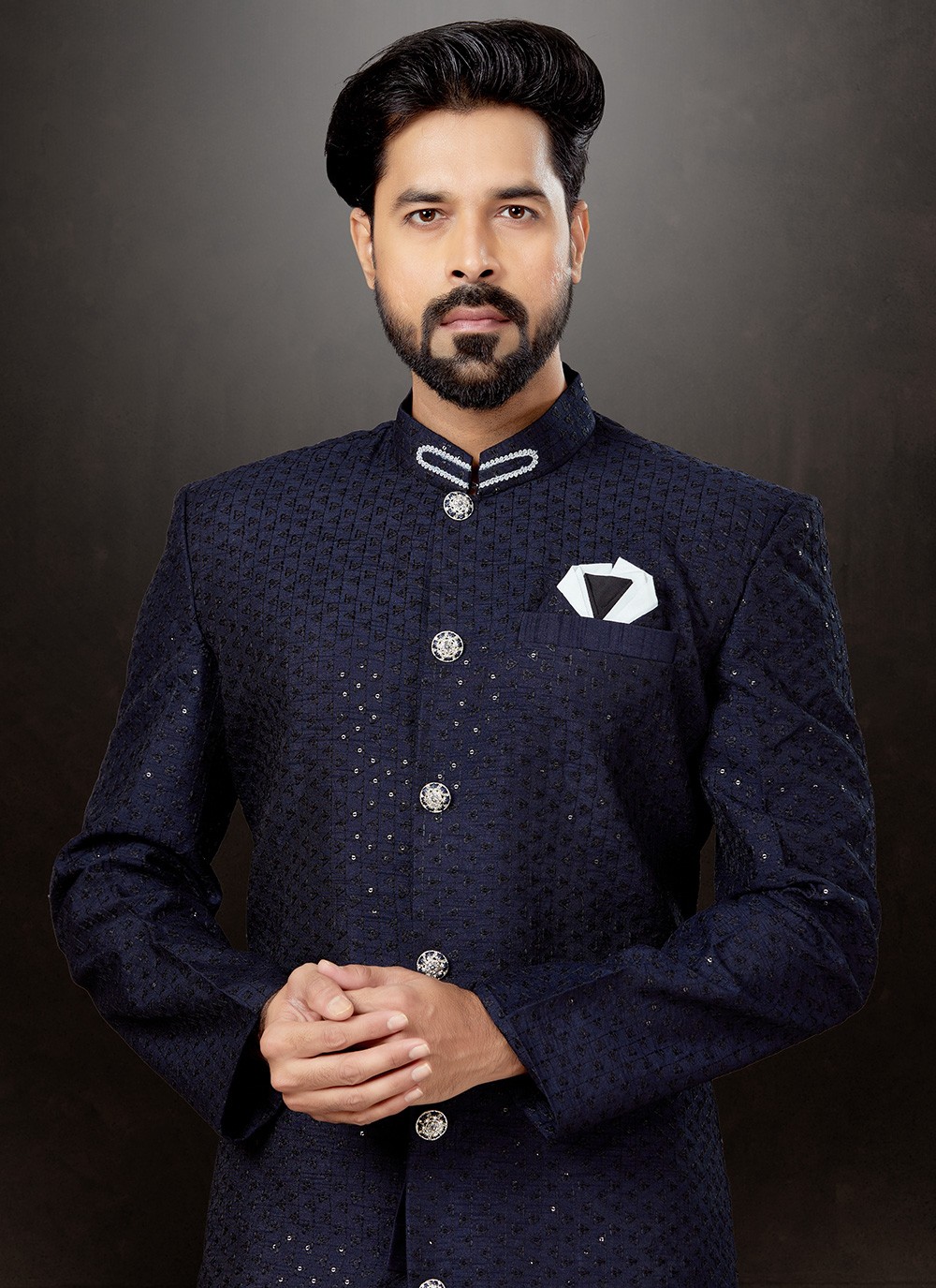 Navy Blue Embroidered Indo Western Sherwani buy online - Wedding Sherwani