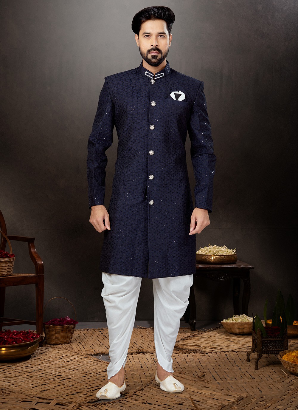 Navy Blue Embroidered Indo Western Sherwani buy online - Wedding Sherwani
