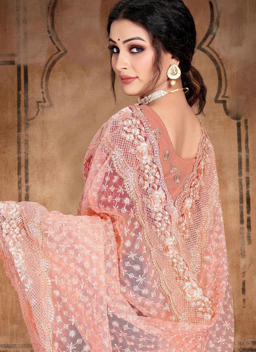 Buy Online Net Diamond Peach Contemporary Style Saree : 247375
