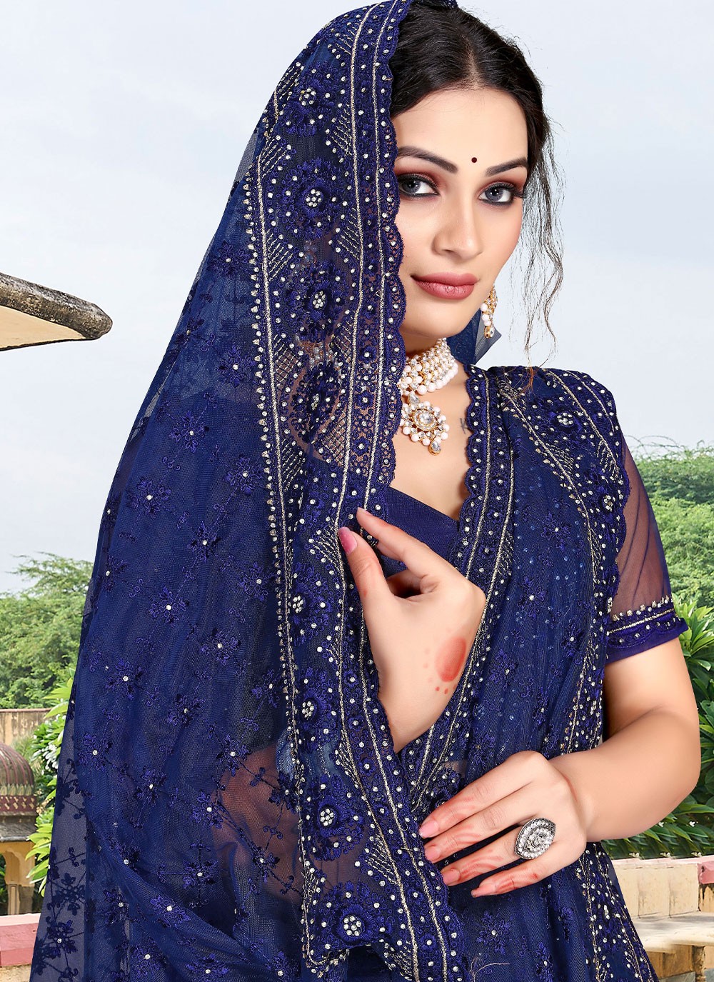 Shop Online Net Navy Blue Saree : 247235