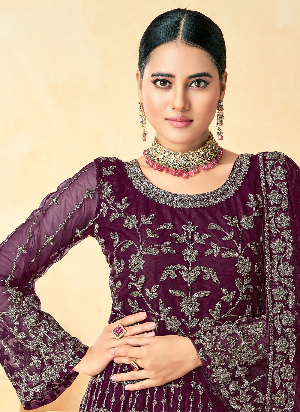 Shop Online Net Resham Purple Trendy Salwar Kameez : 249340