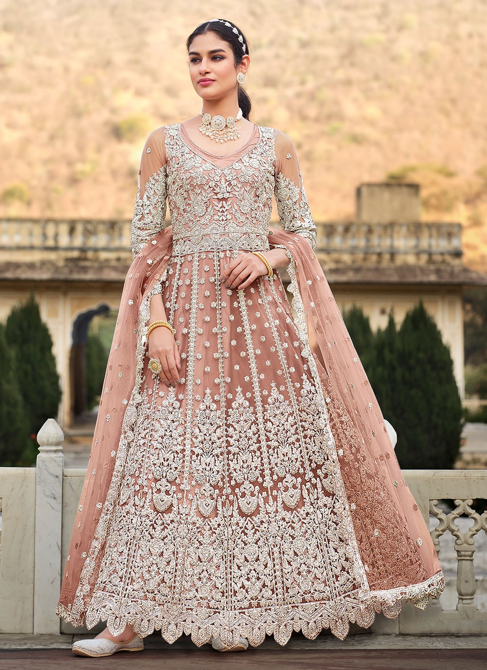 Shop Online Net Stone Floor Length Anarkali Suit : 258202